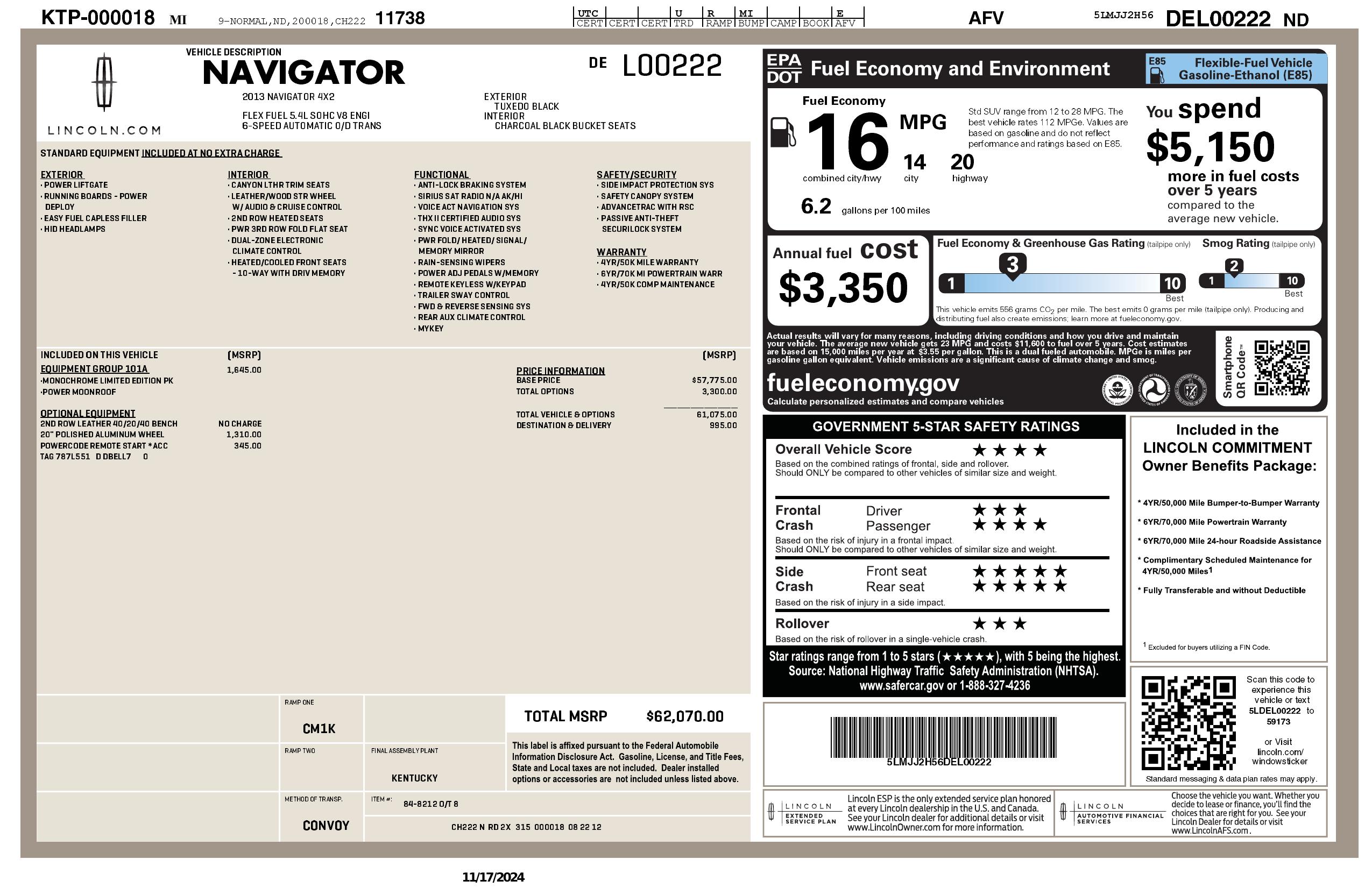 Window Sticker for 2013 Lincoln Navigator 2 Wd 4dr