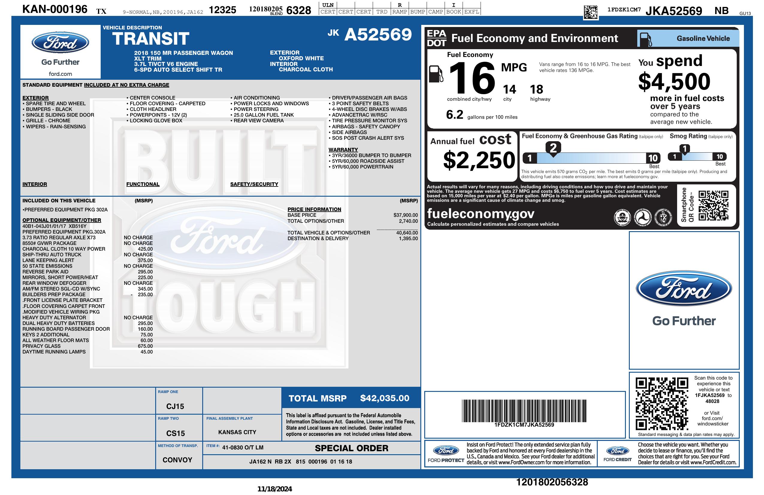 Window Sticker for 2018 Ford Transit Passenger Wagon T 150 130" Med ...