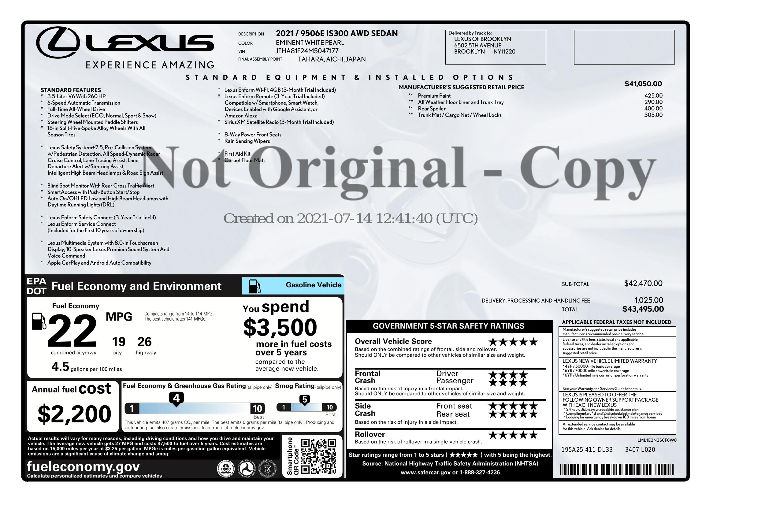 Window Sticker for 2021 Lexus Is Is 300 Awd