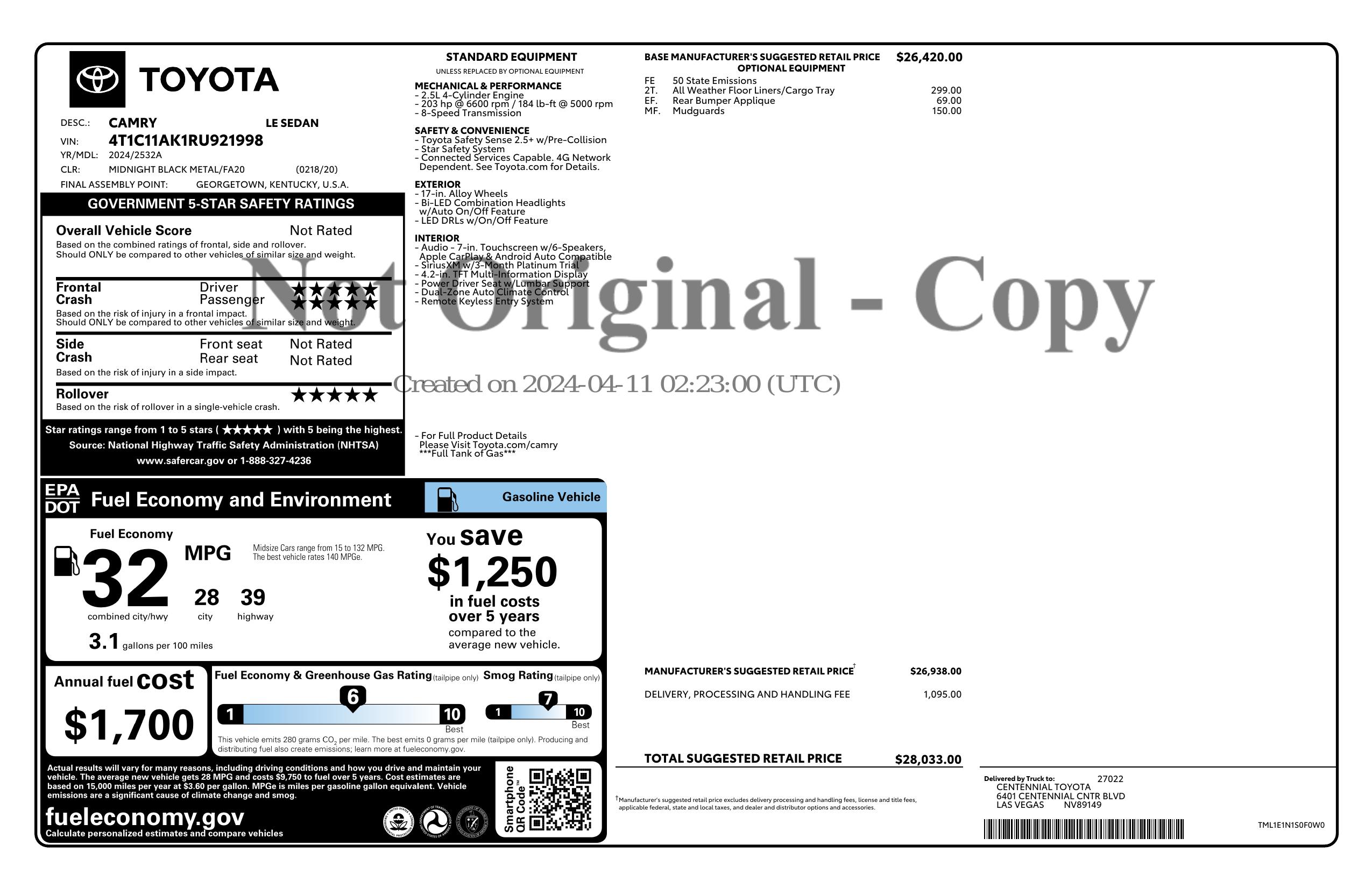 Window Sticker for 2024 Toyota Camry Le Auto (Natl)