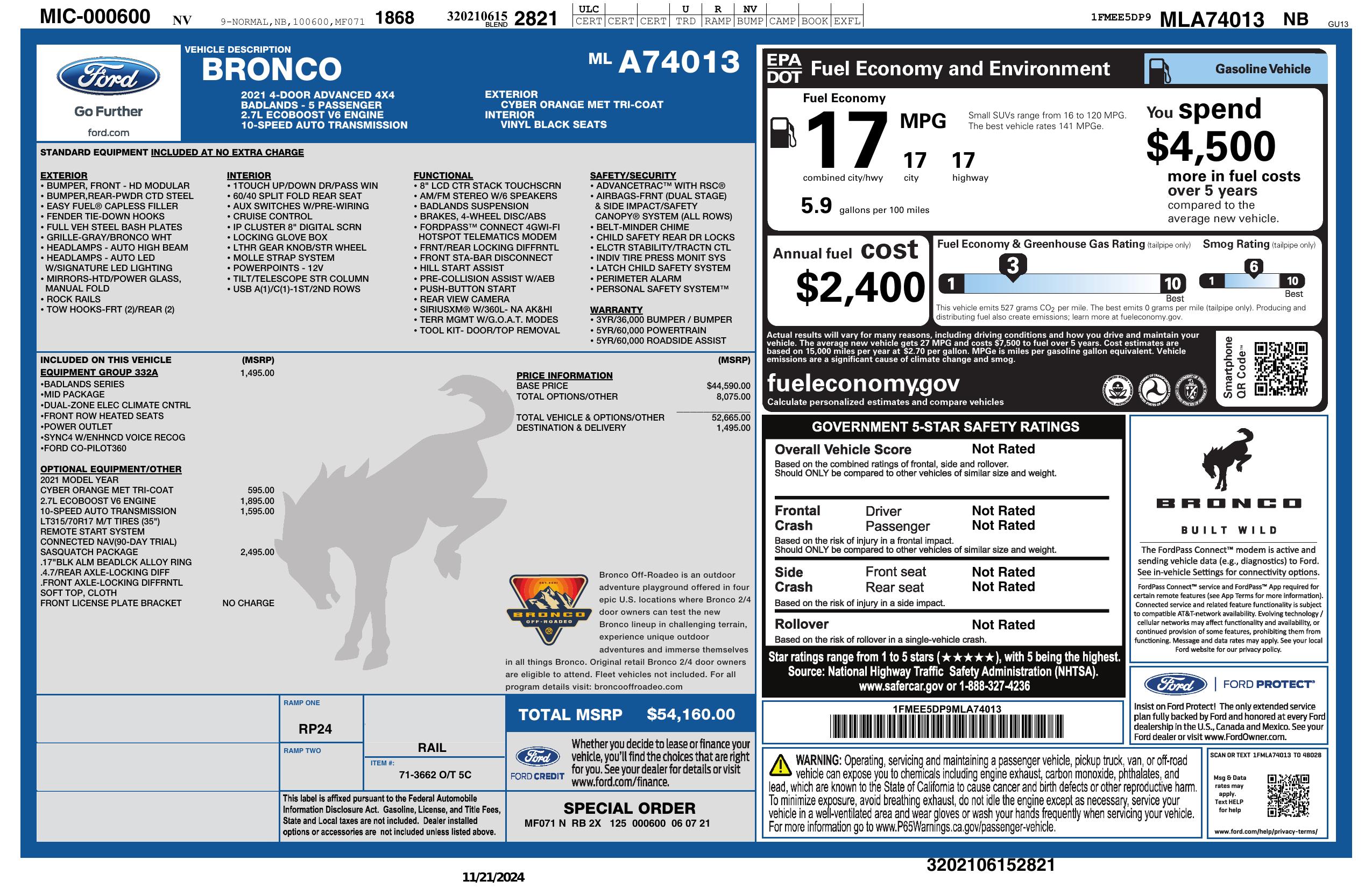 Window Sticker for 2021 Ford Bronco 4 Door Advanced 4x4