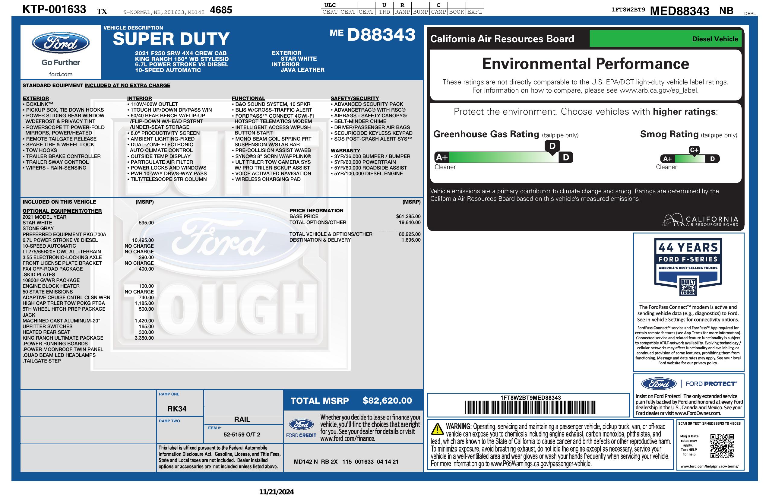 Window Sticker for 2021 Ford Super Duty F 250 Srw 4x4 King Ranch 4dr ...