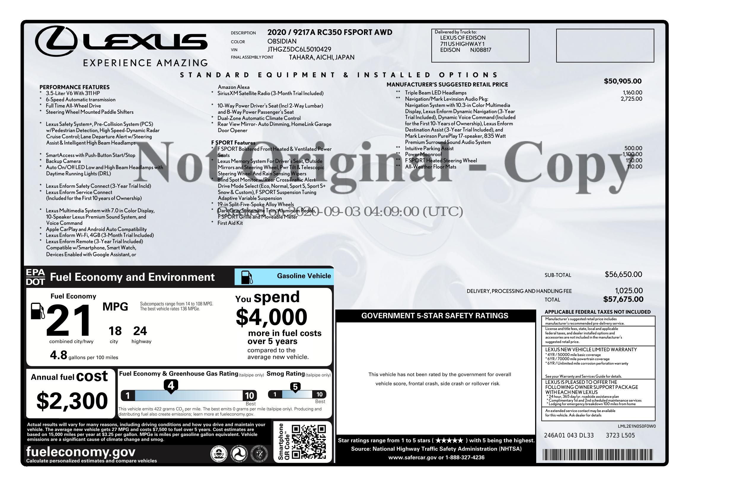 Window Sticker for 2020 Lexus Rc Rc 350 F Sport Awd