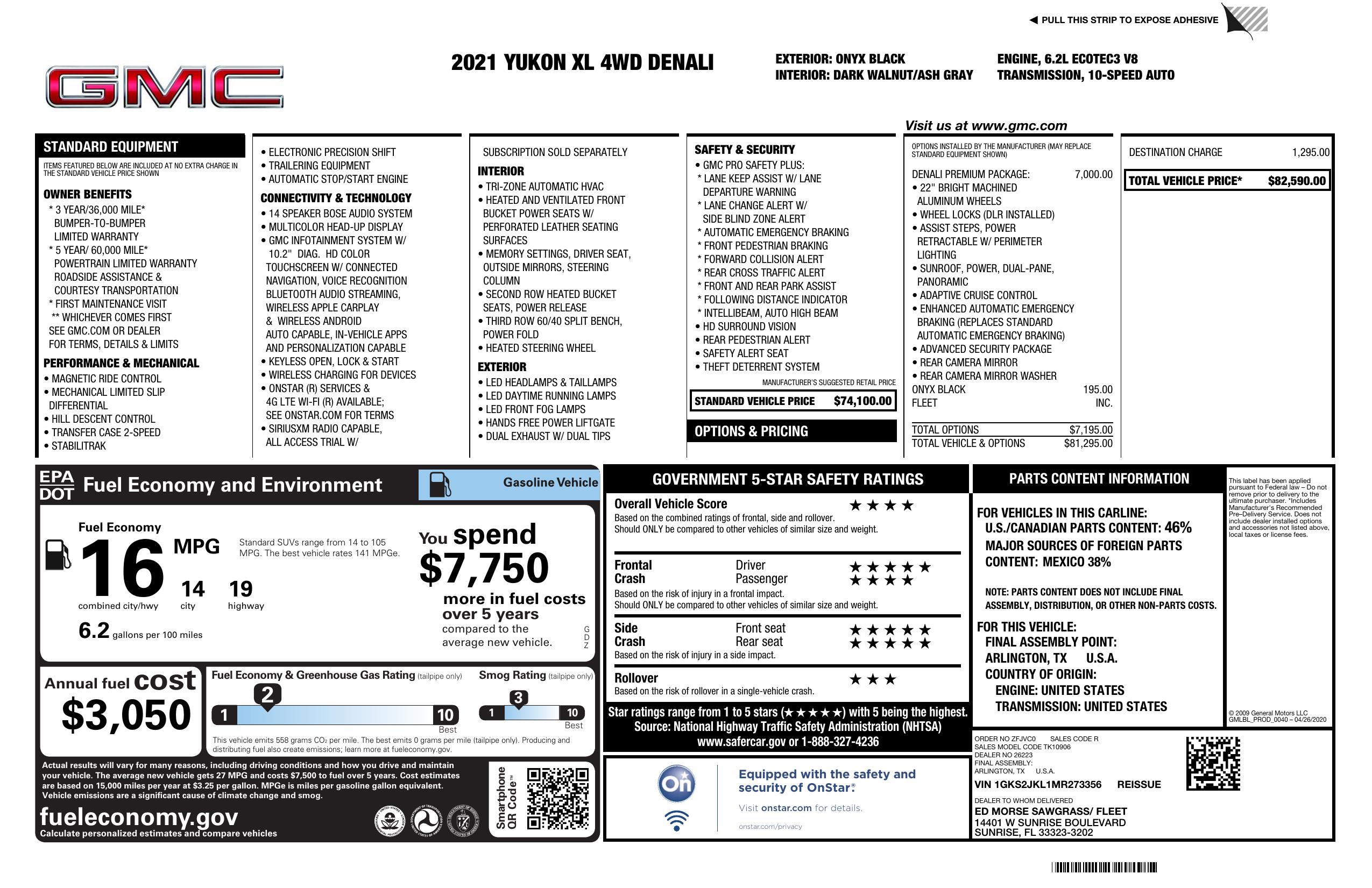 Window Sticker for 2021 GMC Yukon Xl 4 Wd 4dr Denali