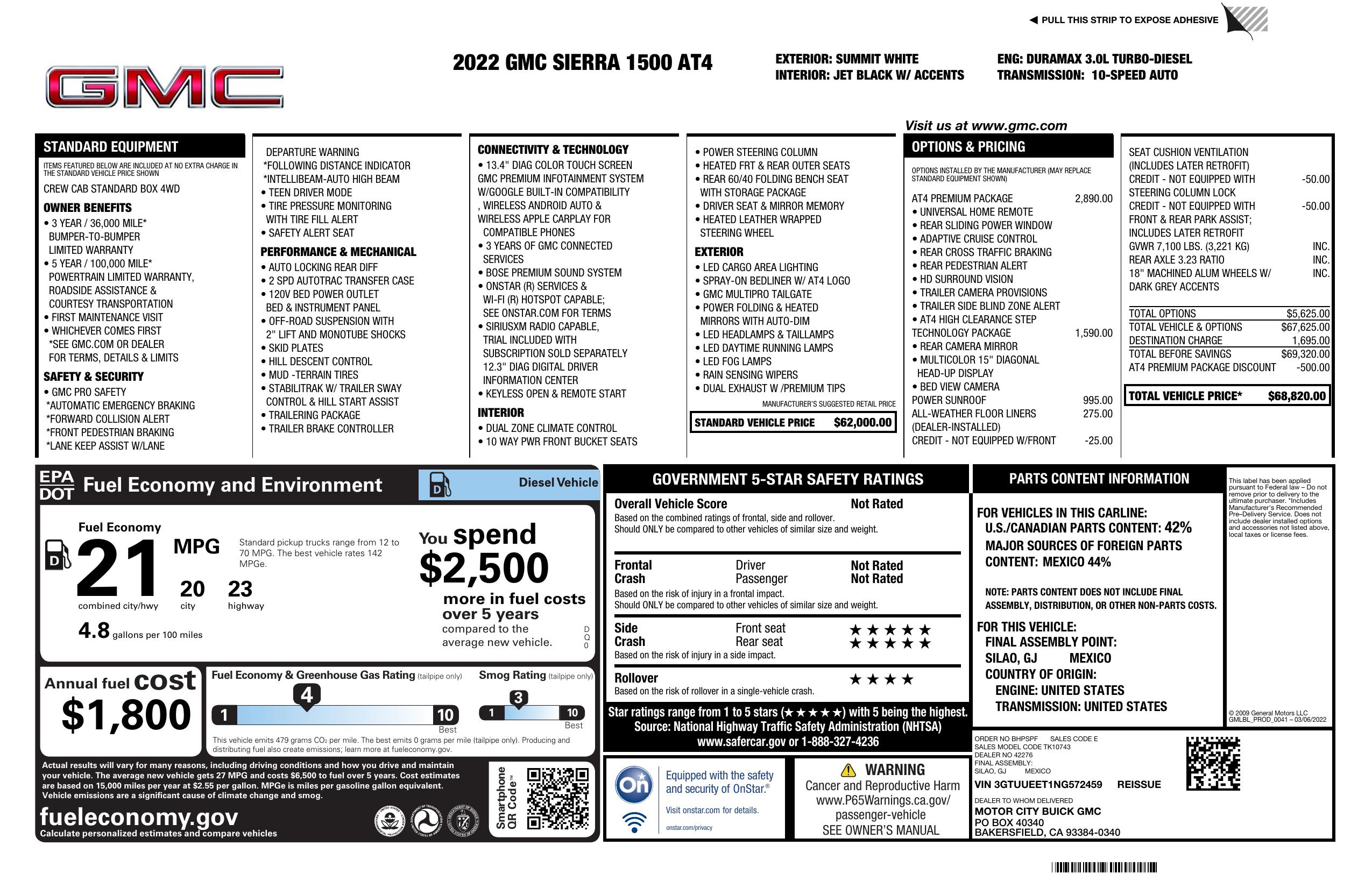 Window Sticker for 2022 GMC Sierra 1500 4 Wd Crew Cab 157" At4