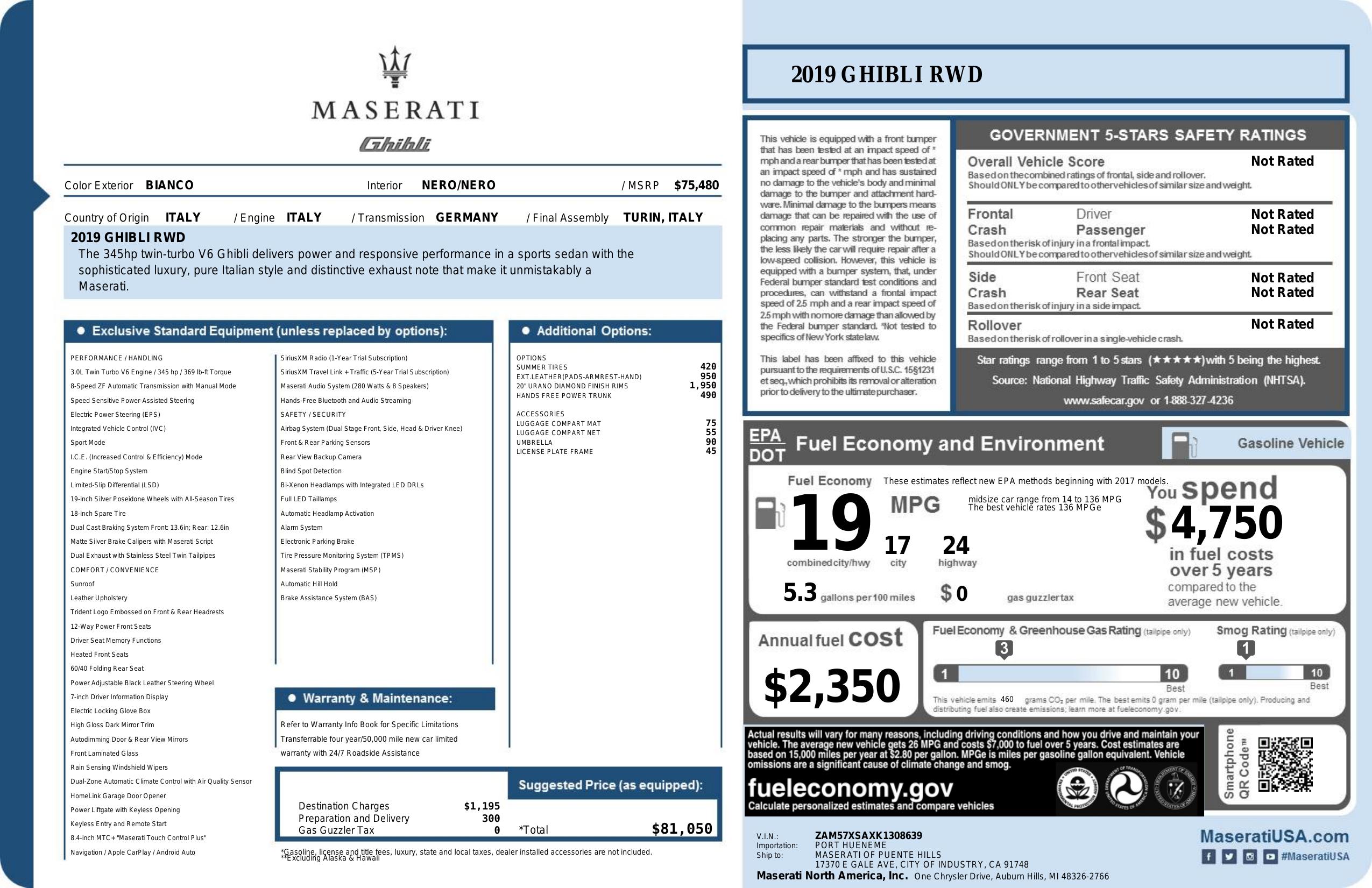 Window Sticker for 2019 Maserati Ghibli 3.0 L