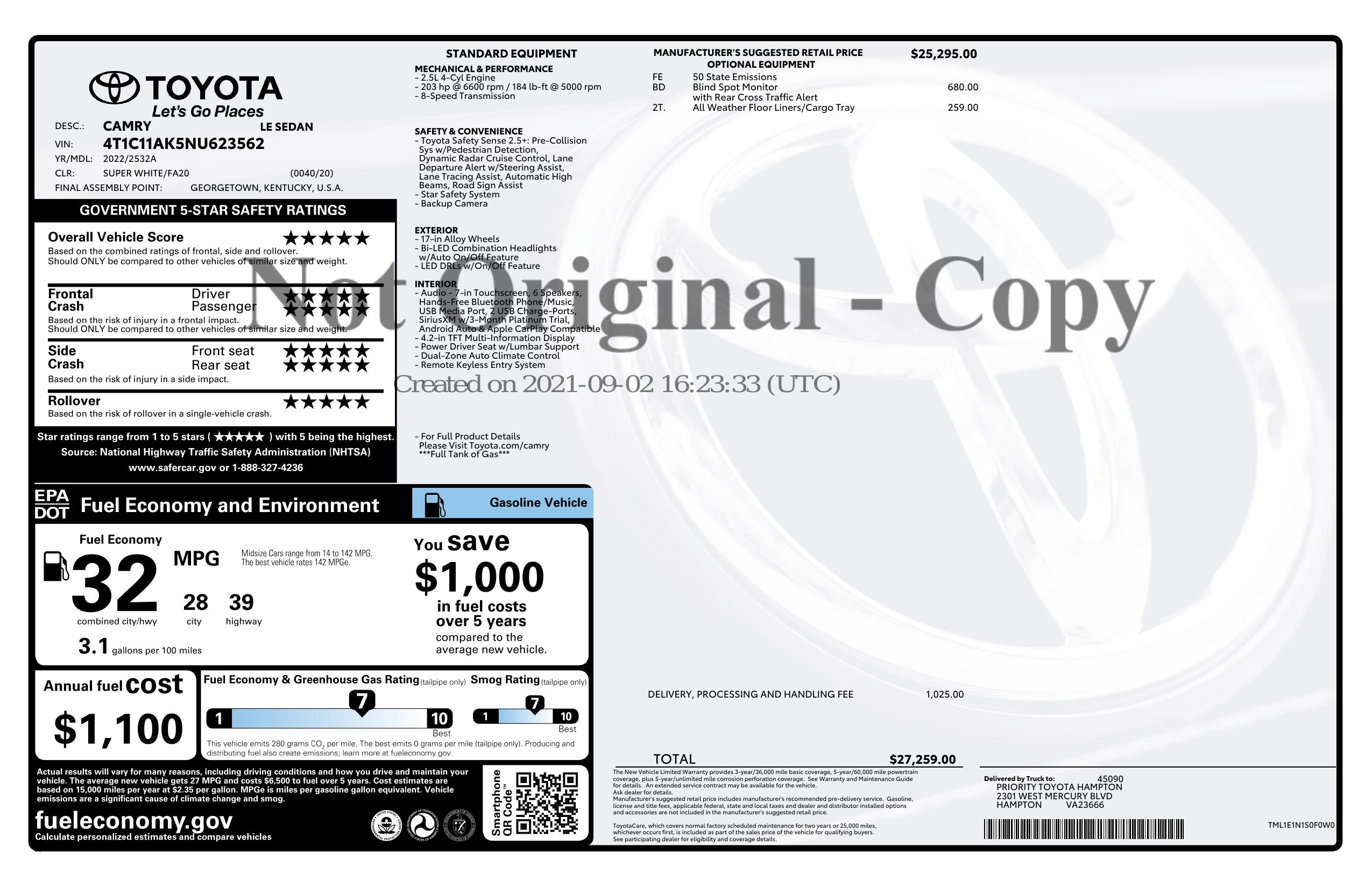 Window Sticker for 2022 Toyota Camry Le