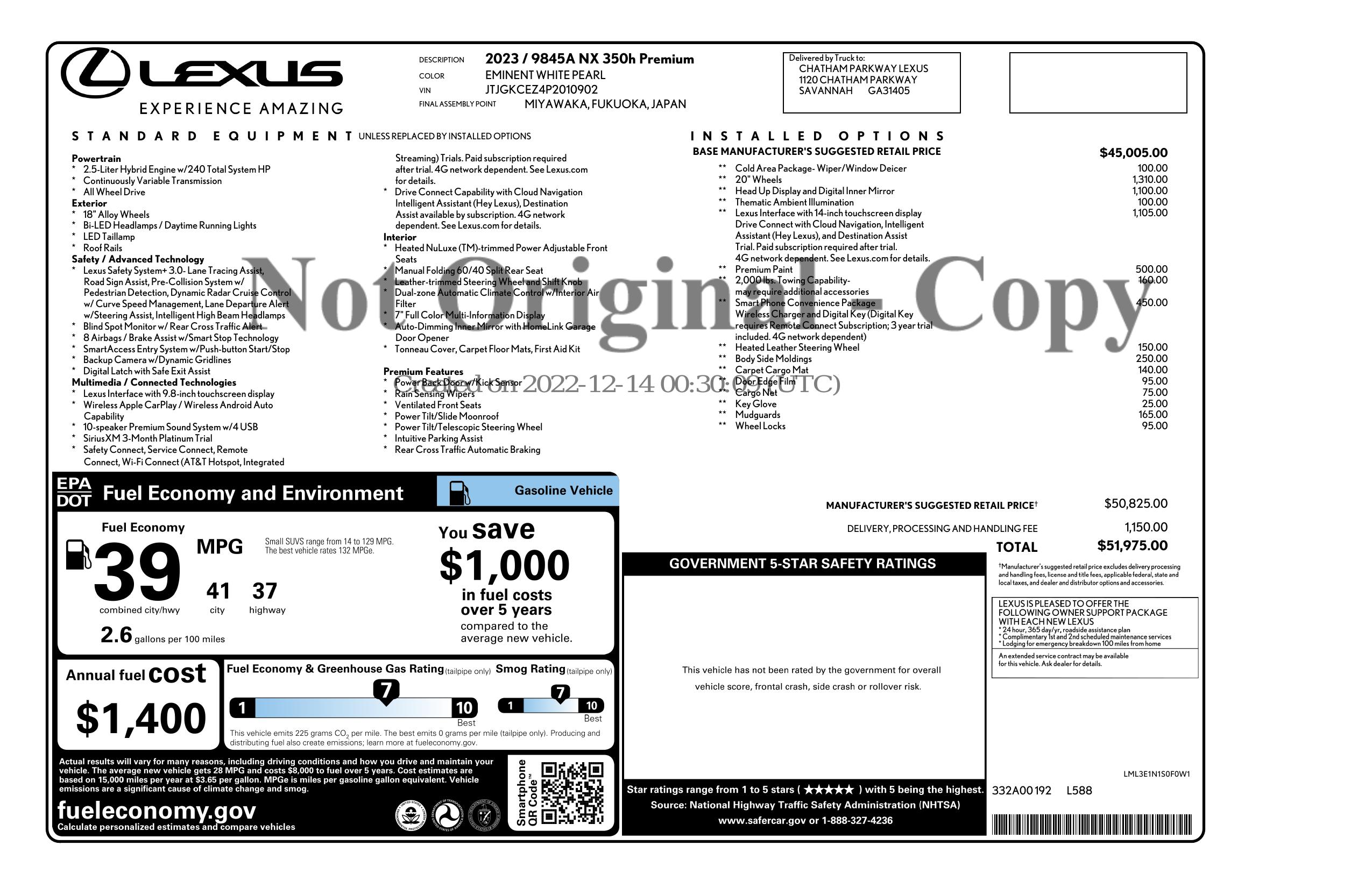 Window Sticker for 2023 Lexus Nx Nx 350h Premium Awd
