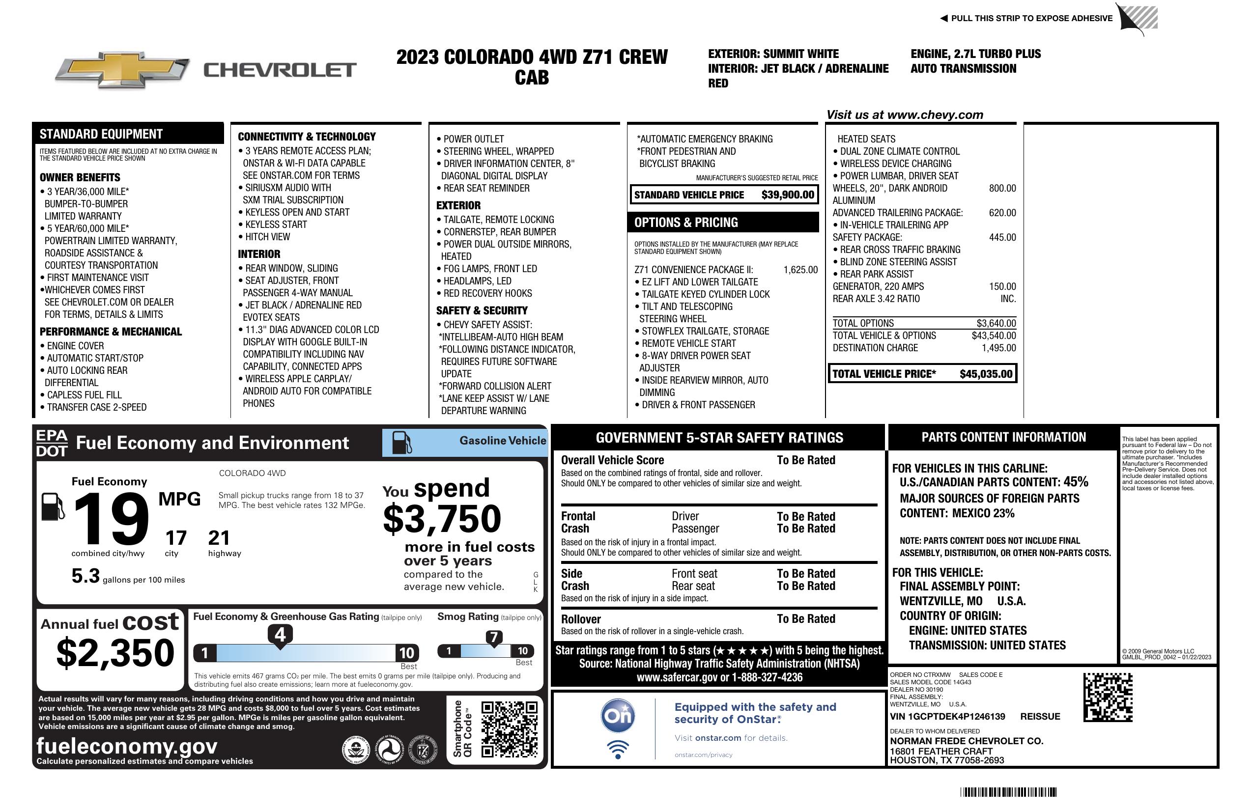 Window Sticker for 2023 Chevrolet Colorado 4 Wd Crew Cab Z71