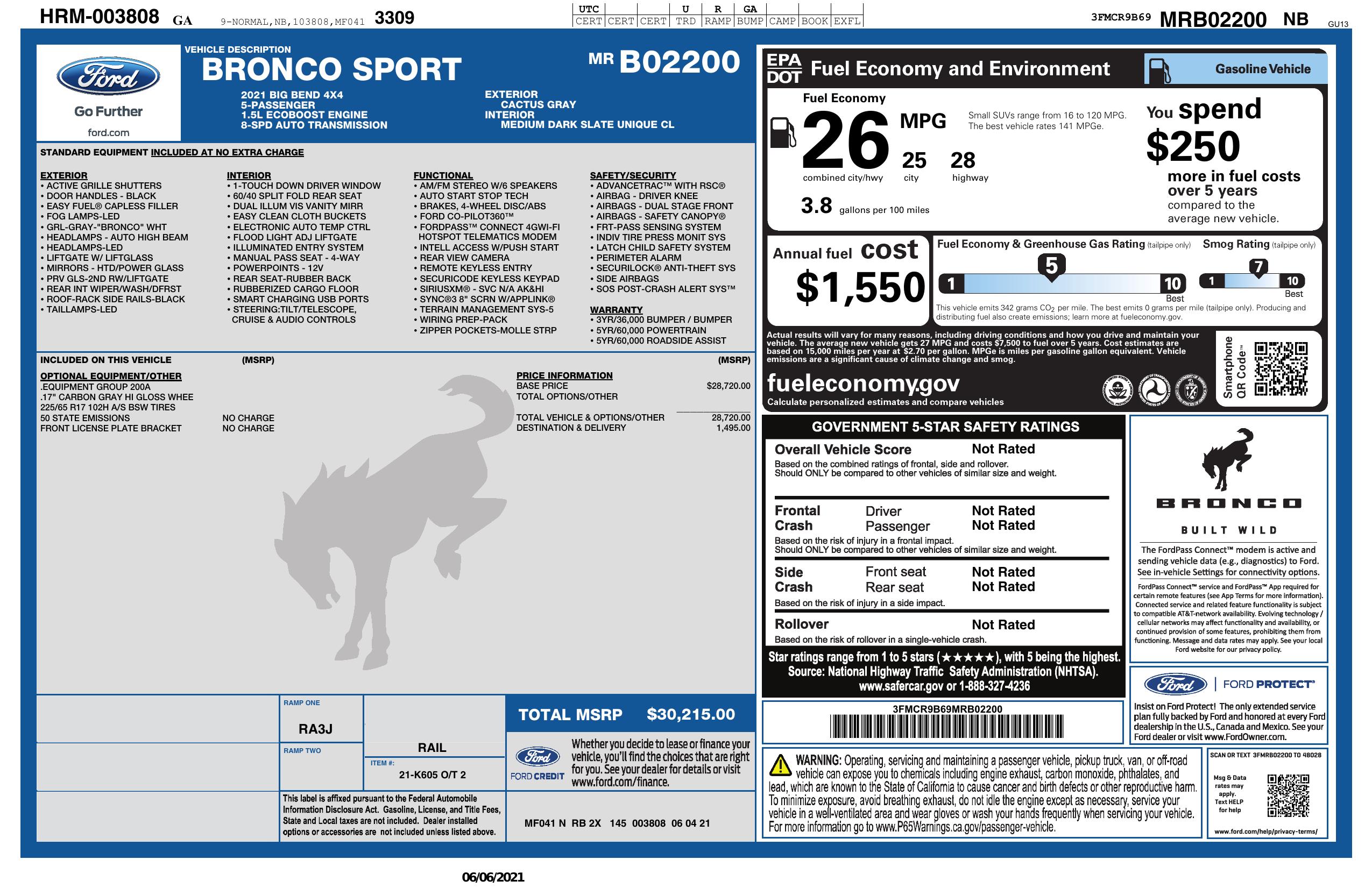 Window Sticker for 2021 Ford Bronco Sport Awd Big Bend 4dr Suv