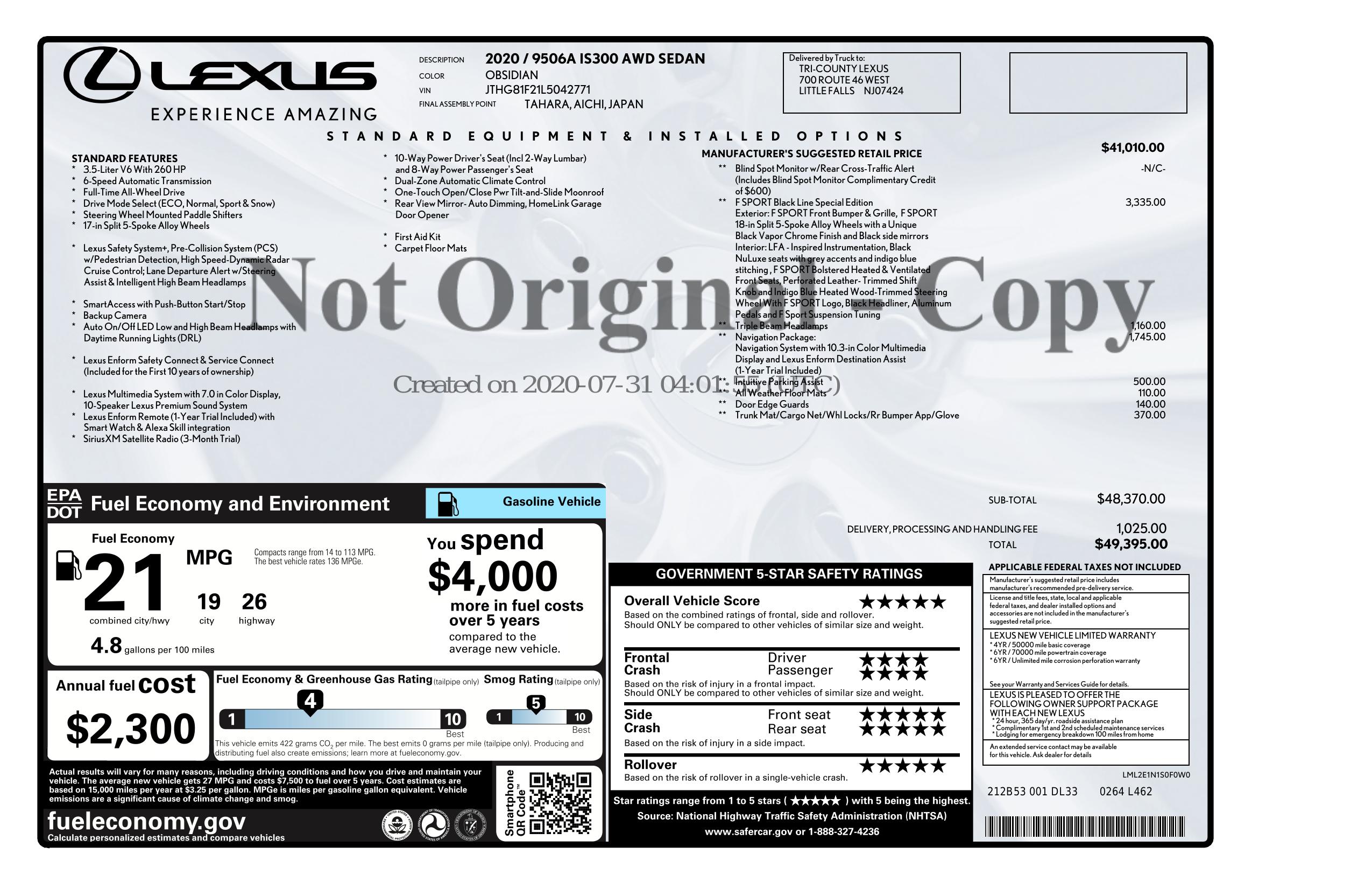 Window Sticker for 2020 Lexus Is Is 300 F Sport Awd