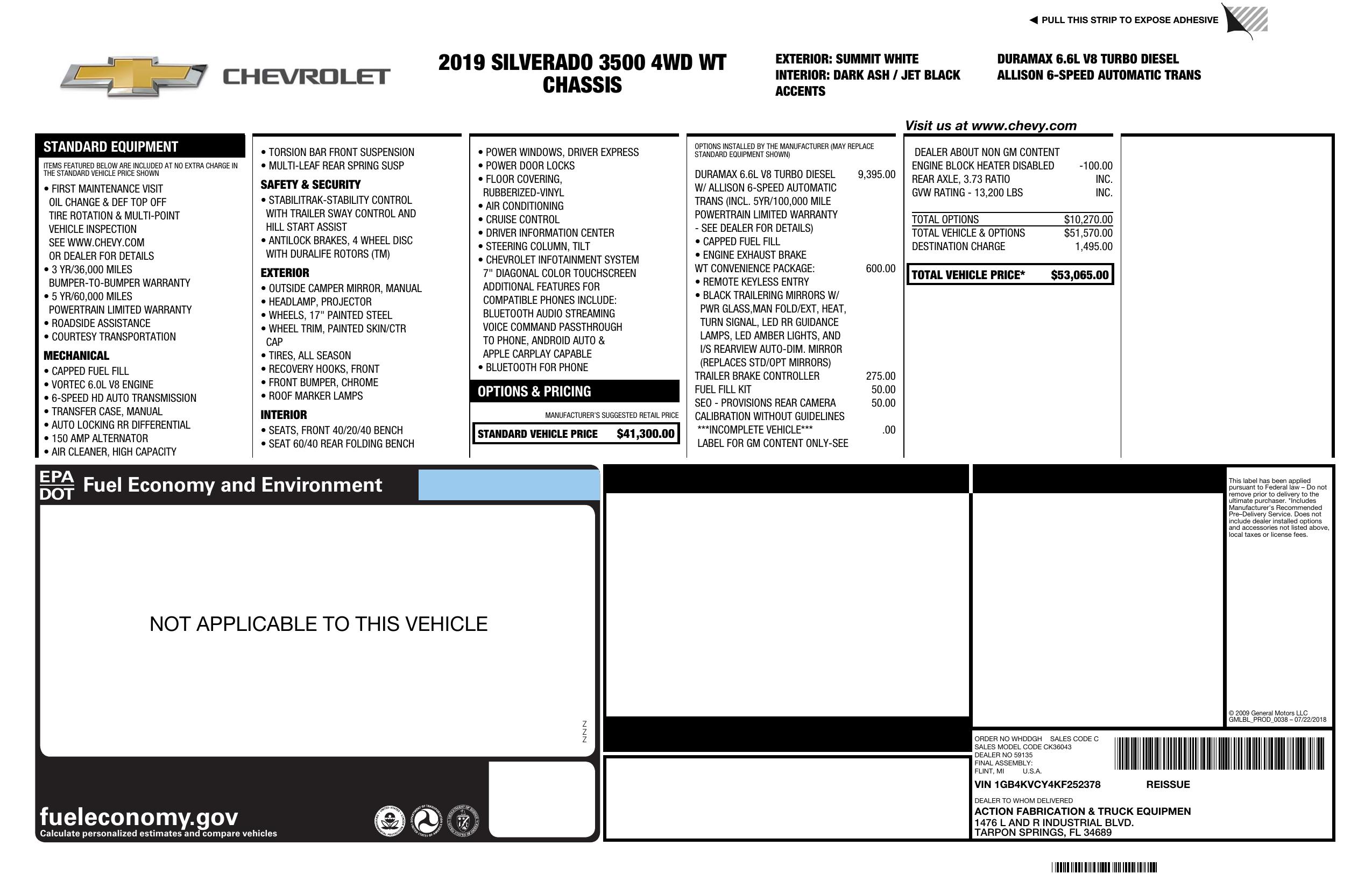 Window Sticker for 2019 Chevrolet Silverado 3500 Hd Cc 4 Wd Crew Cab ...