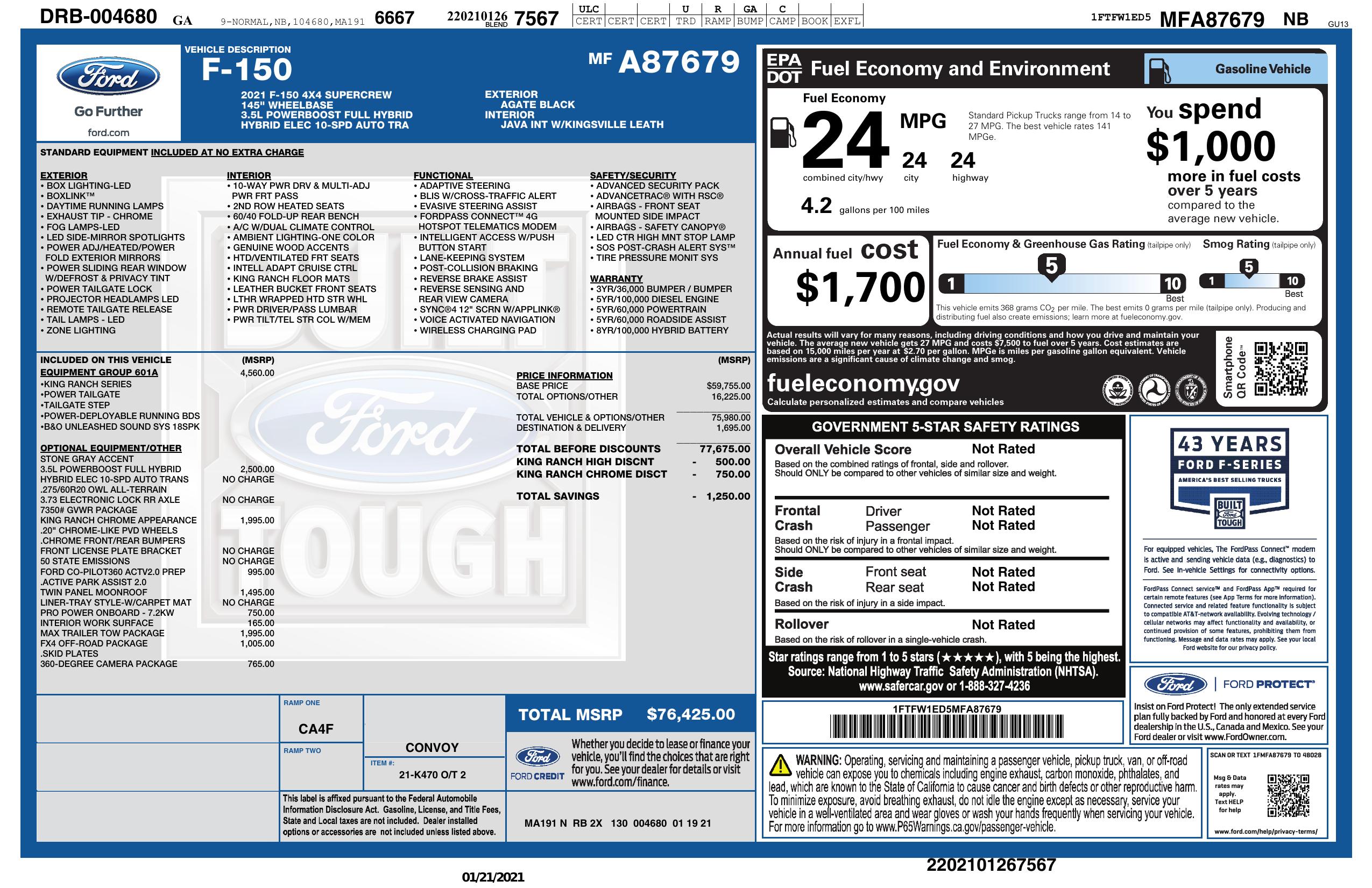 Window Sticker for 2021 Ford F 150 4x4 King Ranch 4dr Super Crew 5.5 Ft. Sb