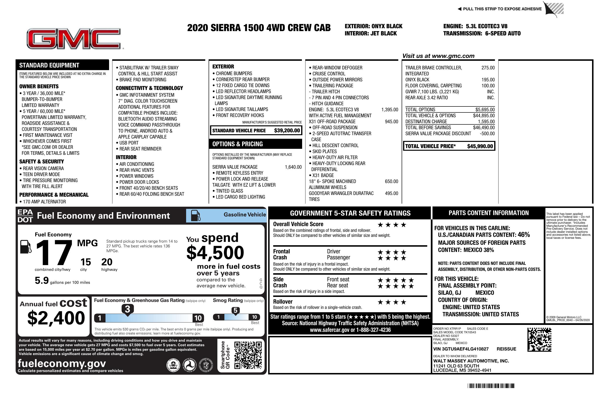 Window Sticker for 2020 GMC Sierra 1500 4 Wd Crew Cab 147"