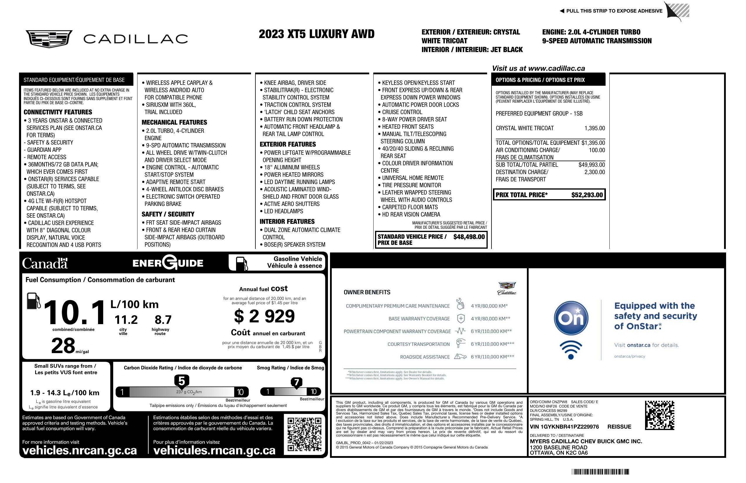 Window Sticker for 2023 Cadillac Xt5 Awd 4dr Luxury