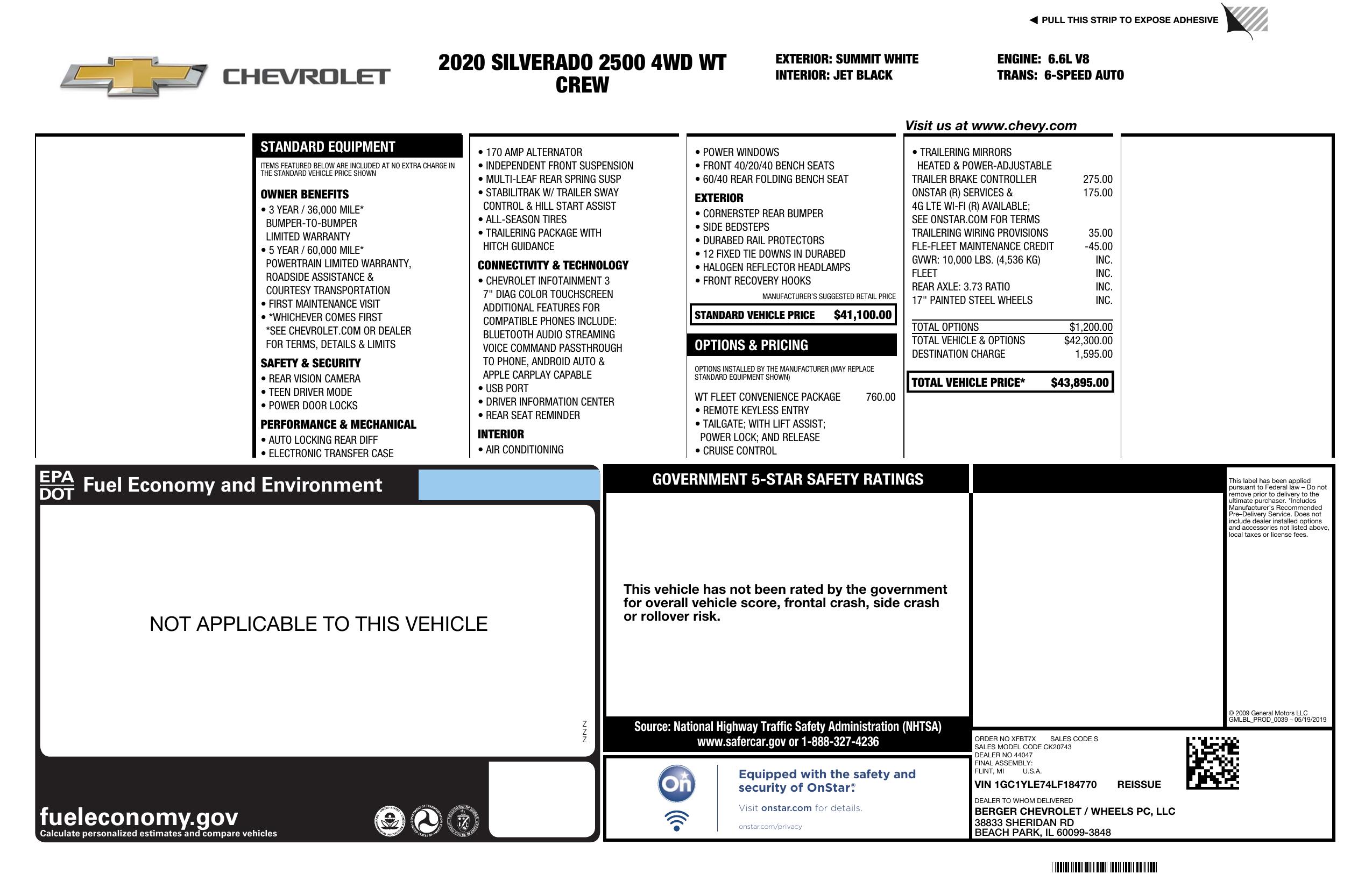 Window Sticker for 2020 Chevrolet Silverado 2500 Hd 4 Wd Crew Cab 159 ...