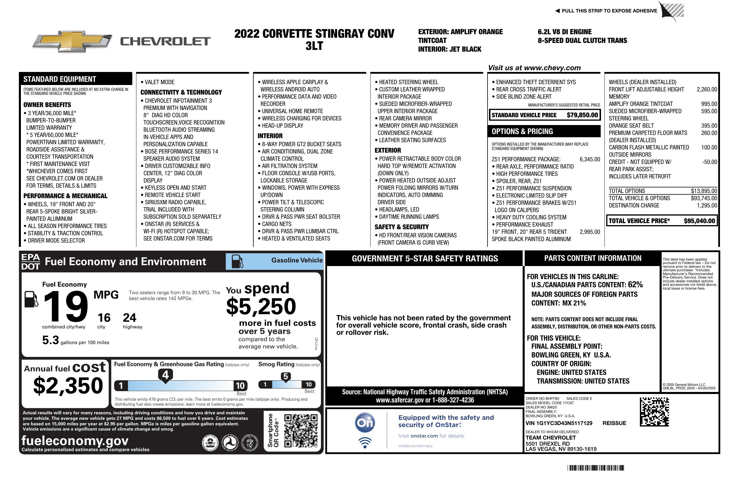 Window Sticker for 2022 Chevrolet Corvette 2dr Stingray Conv W/3 Lt