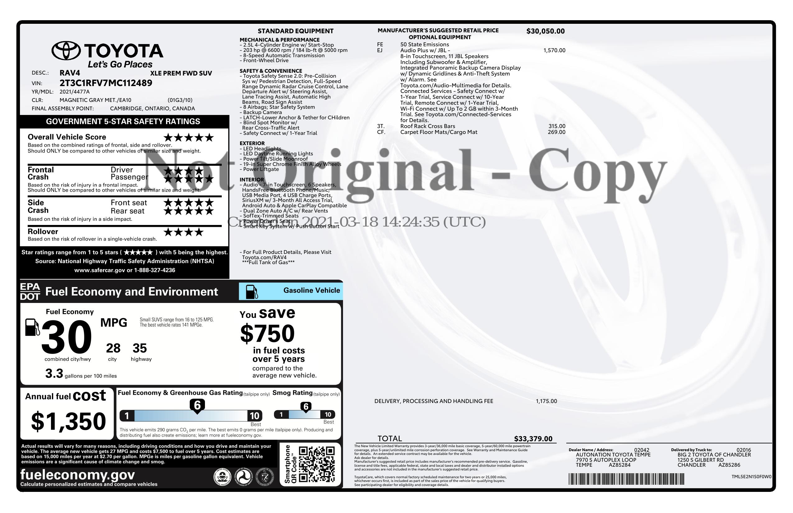 Window Sticker for 2021 Toyota Rav4 Xle Premium Fwd (Natl)