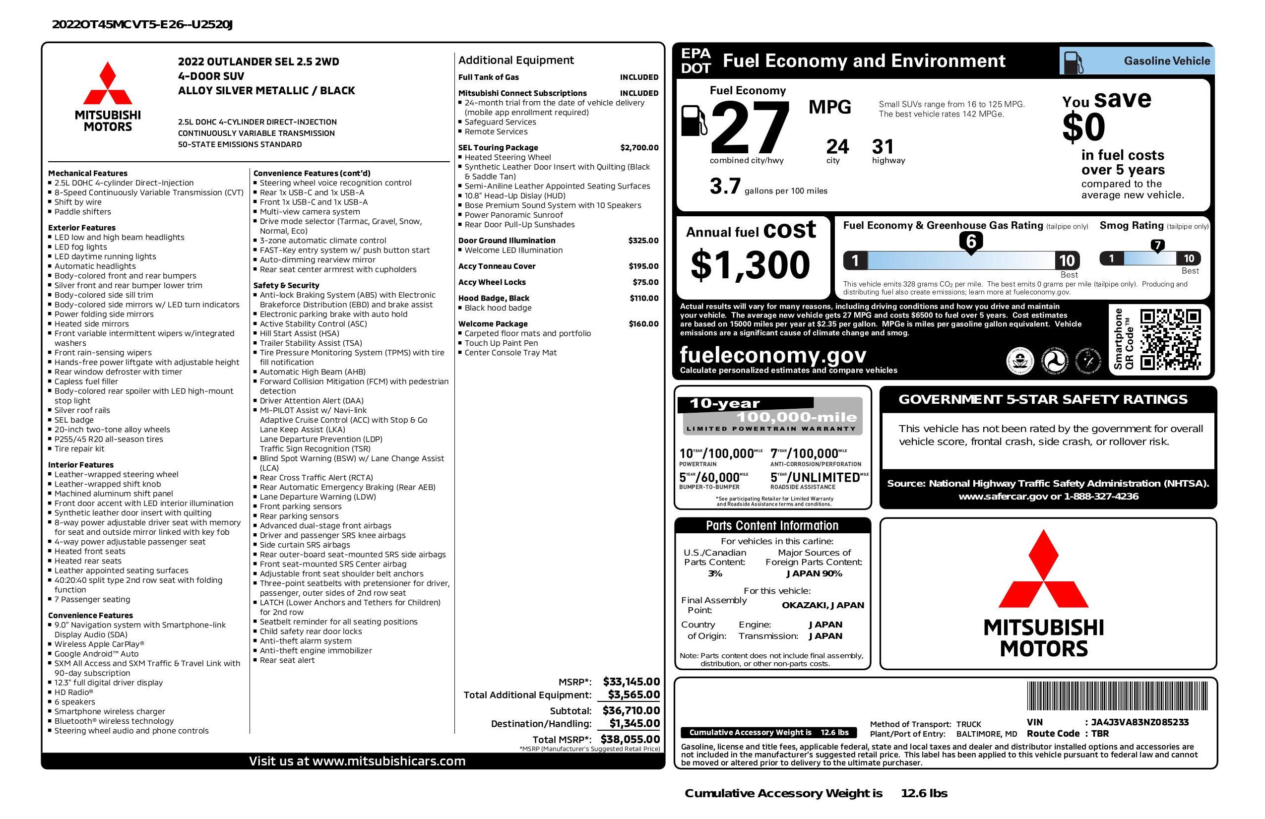 Window Sticker for 2022 Mitsubishi Outlander Sel Fwd
