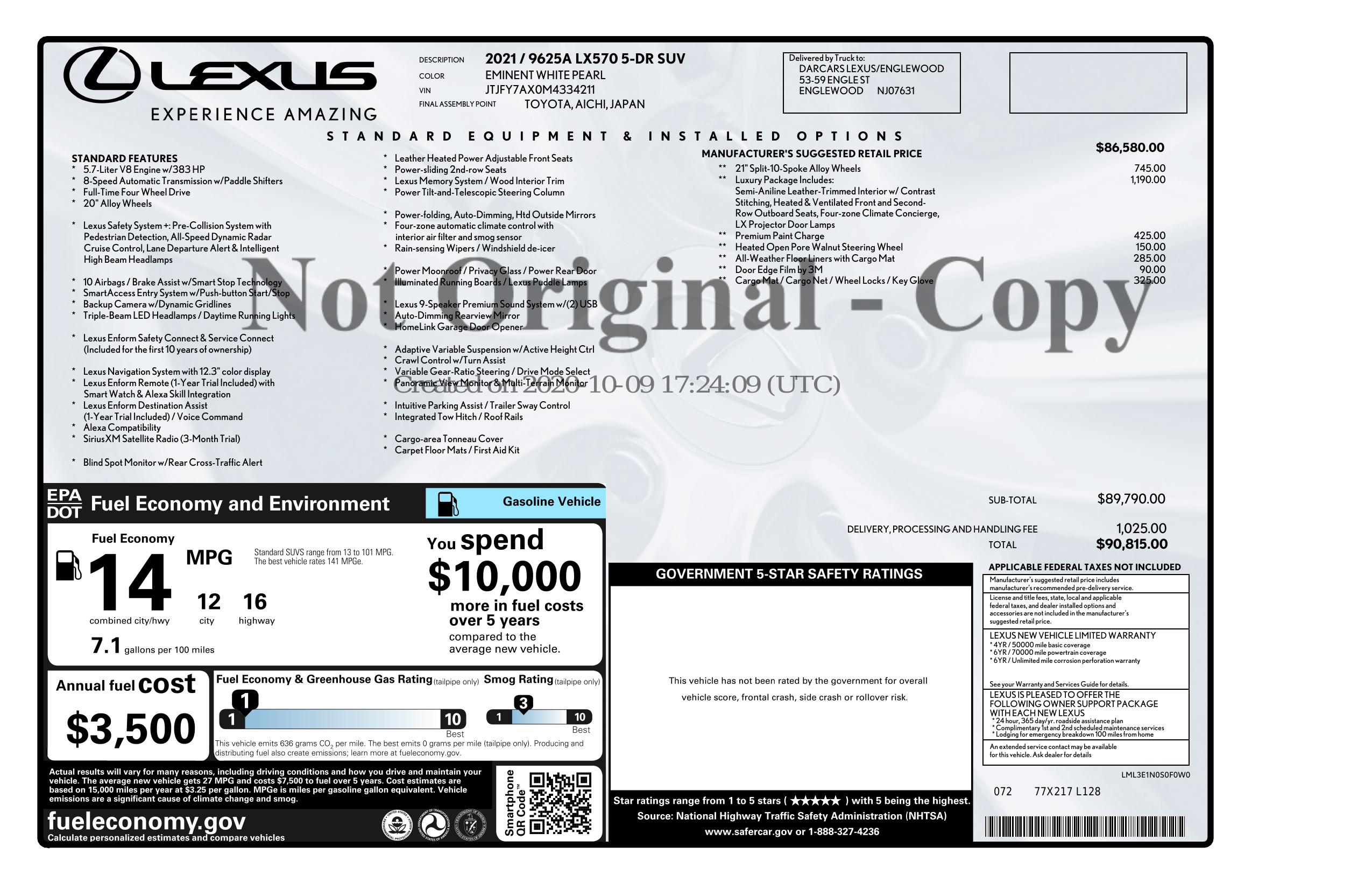 Window Sticker for 2021 Lexus Lx 570 Row 4 Wd