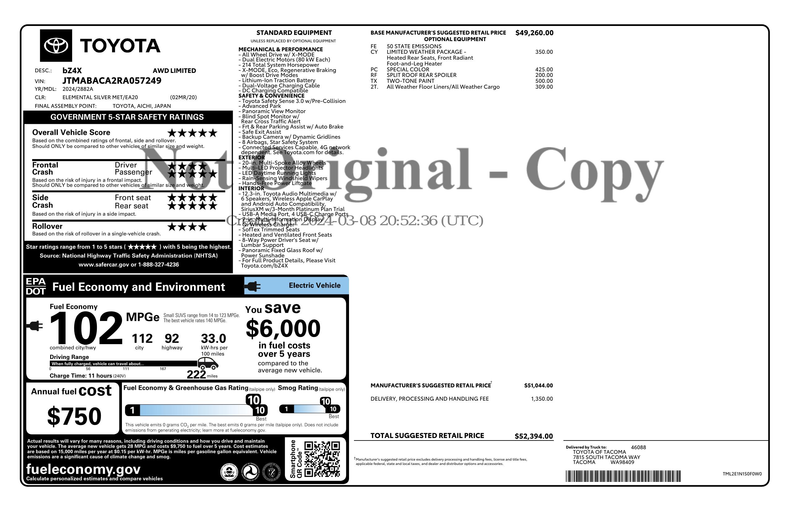 Window Sticker for 2024 Toyota B Z4 X Awd (Natl)