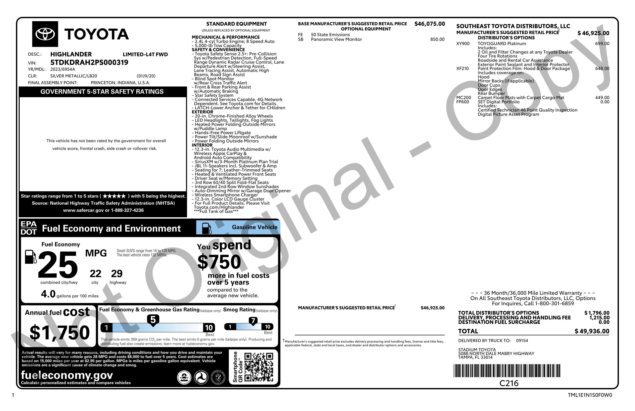 Window Sticker for 2023 Toyota Highlander Fwd (Natl)