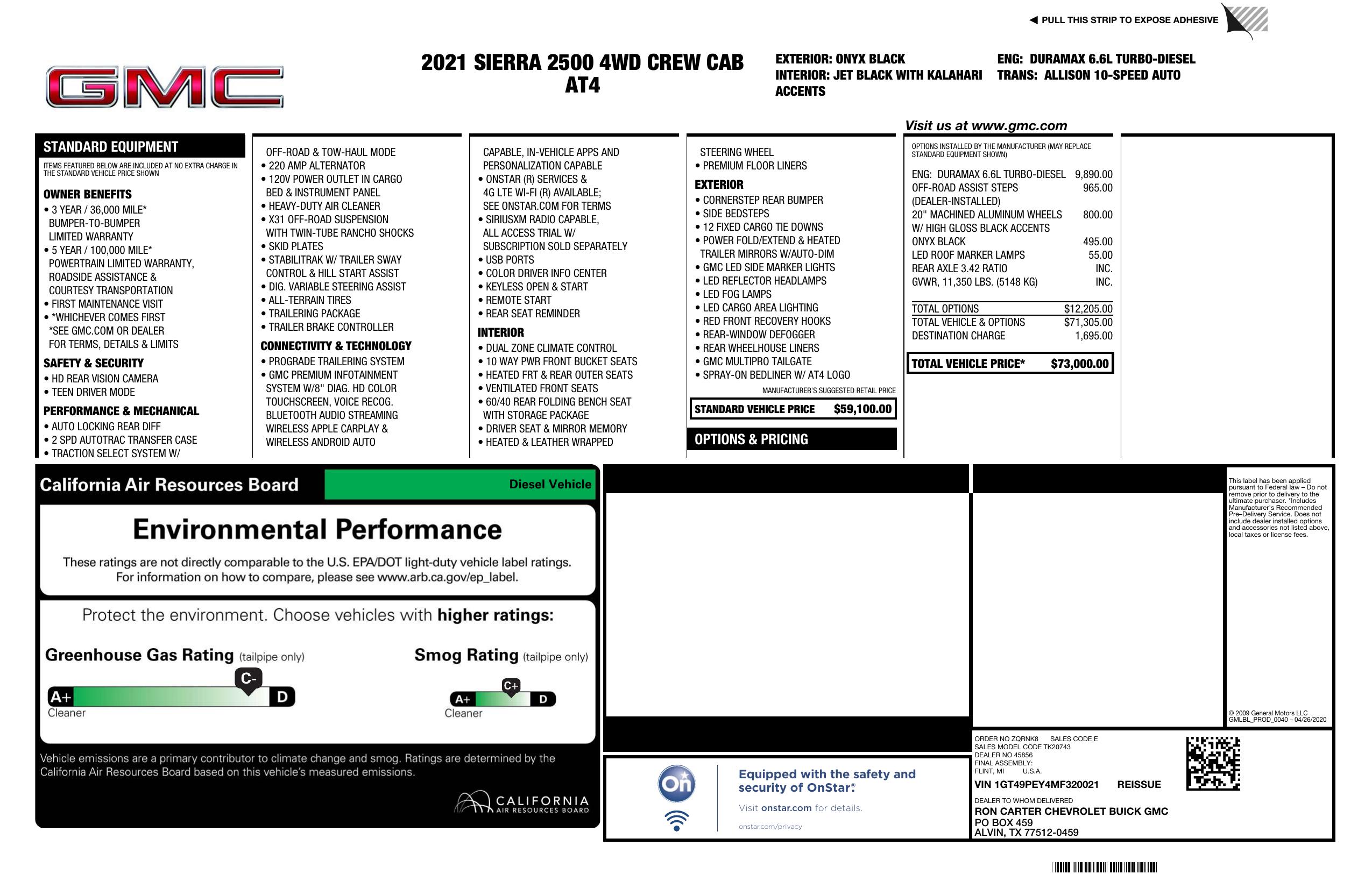 Window Sticker for 2021 GMC Sierra 2500 Hd 4 Wd Crew Cab 159" At4