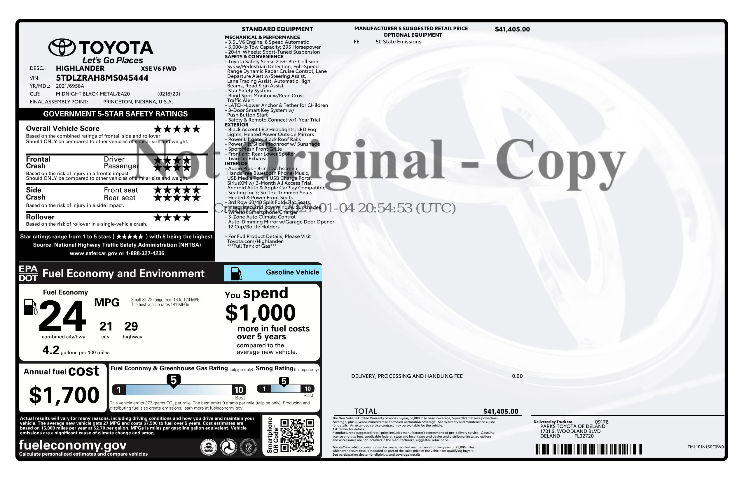 Window Sticker for 2021 Toyota Highlander Xse Fwd (Natl)