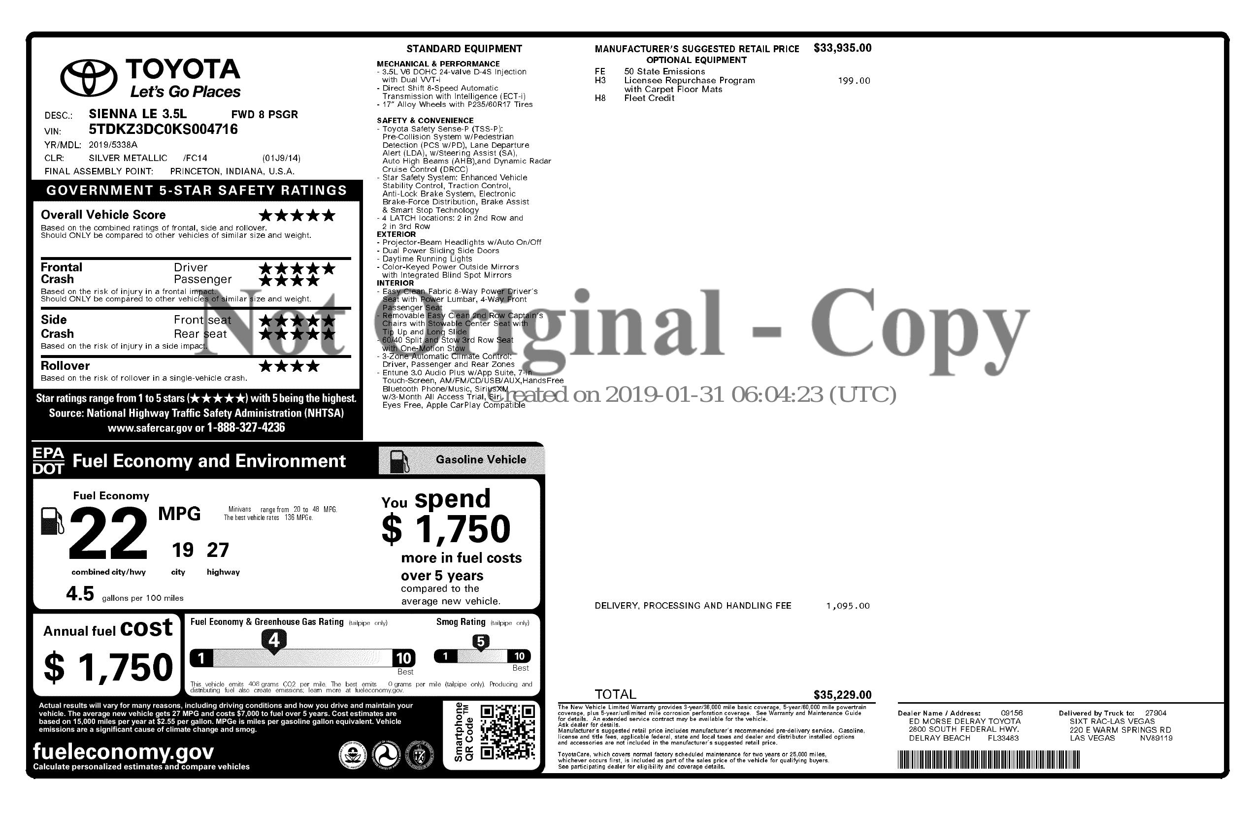 Window Sticker for 2019 Toyota Sienna Le Fwd (Natl)
