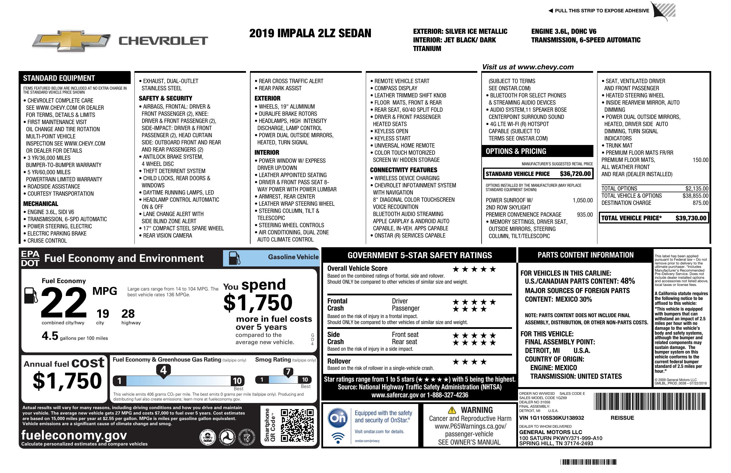 Window Sticker for 2019 Chevrolet Impala 4dr Sdn Premier W/2 Lz