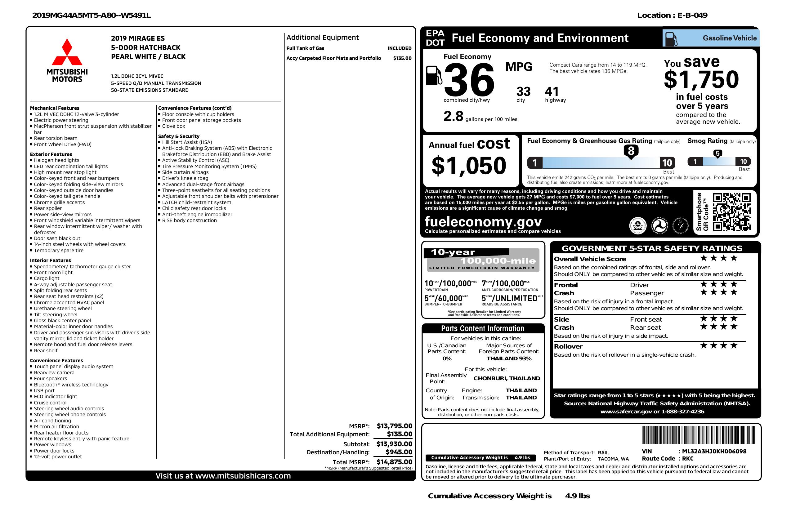 Window Sticker for 2019 Mitsubishi Mirage