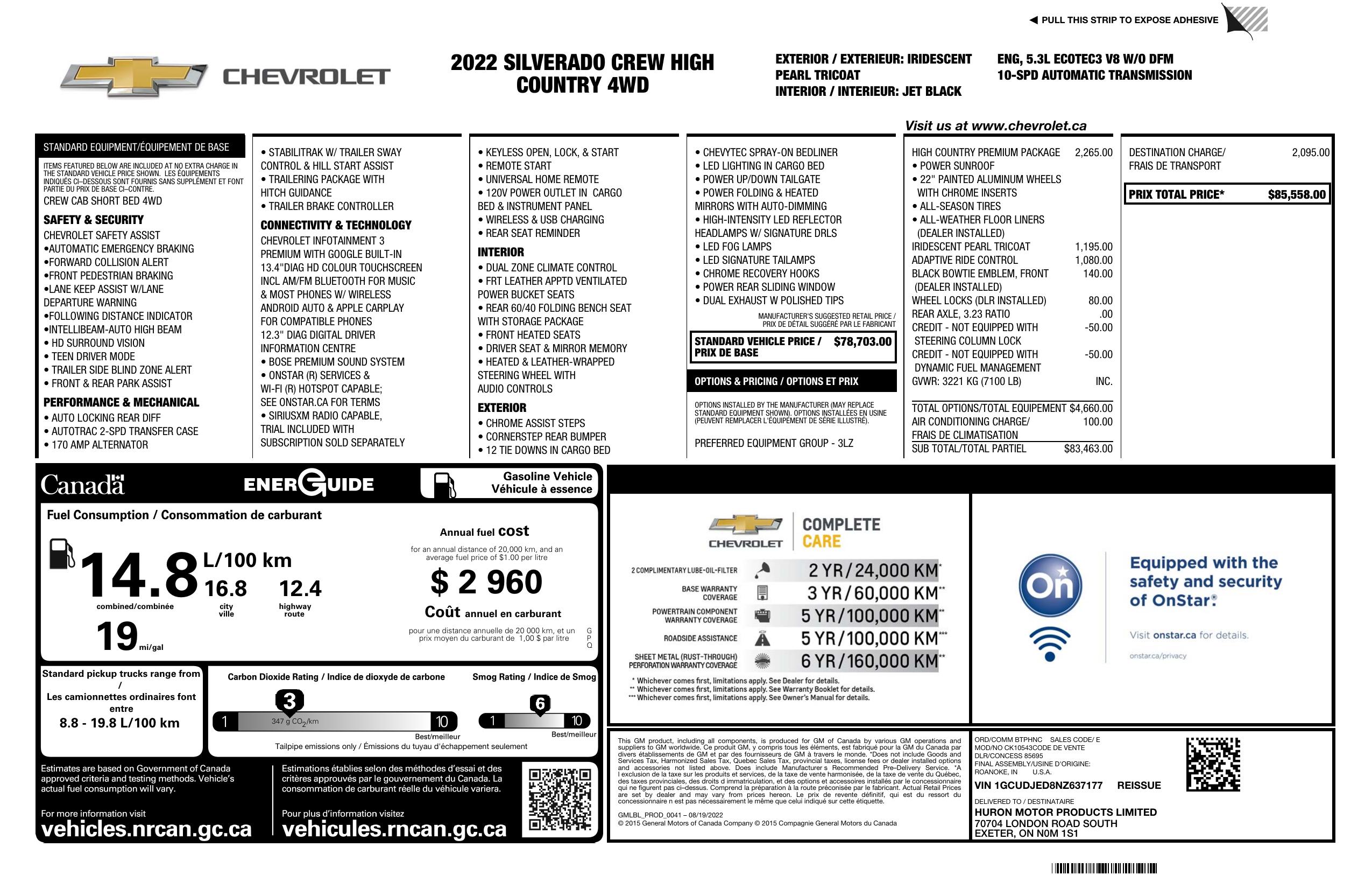 Window Sticker for 2022 Chevrolet Silverado 1500 4 Wd Crew Cab High Country