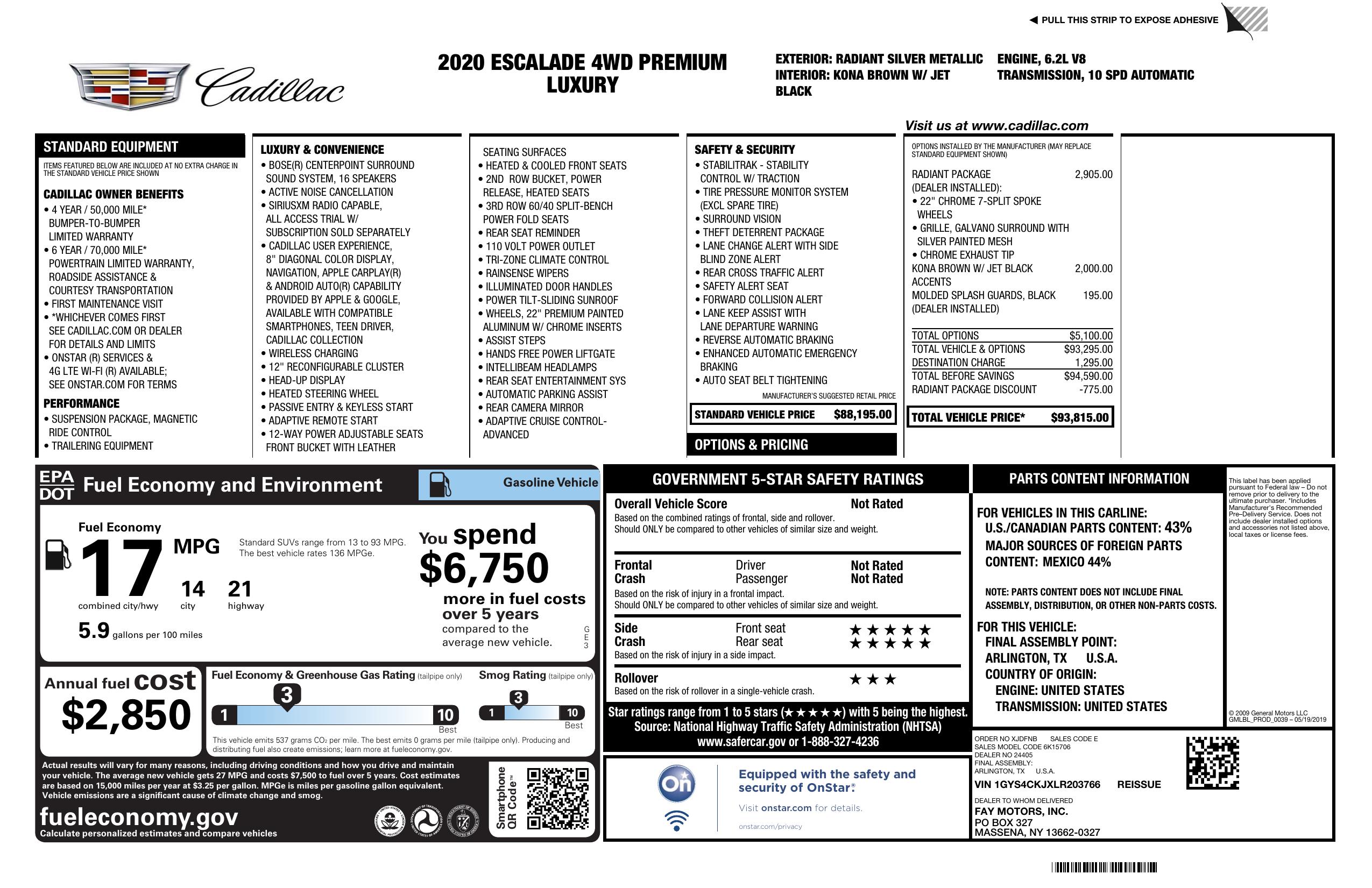 Window Sticker for 2020 Cadillac Escalade 4 Wd 4dr Premium Luxury