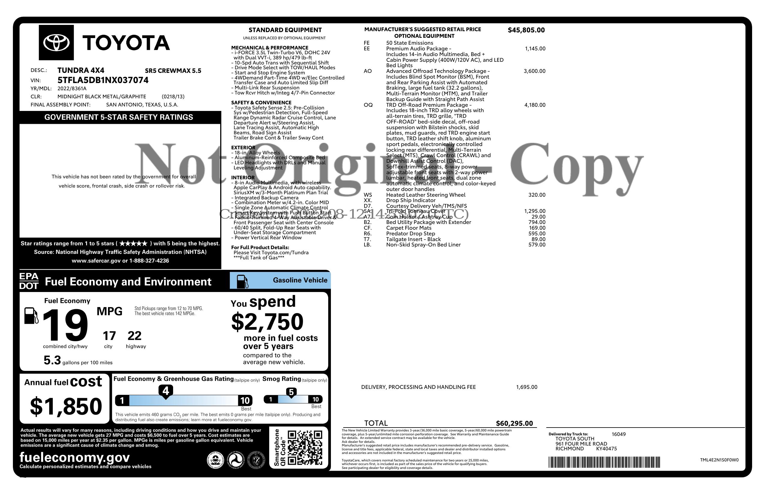Window Sticker for 2022 Toyota Tundra 4 Wd Sr5 Crew Max 5.5' Bed (Natl)