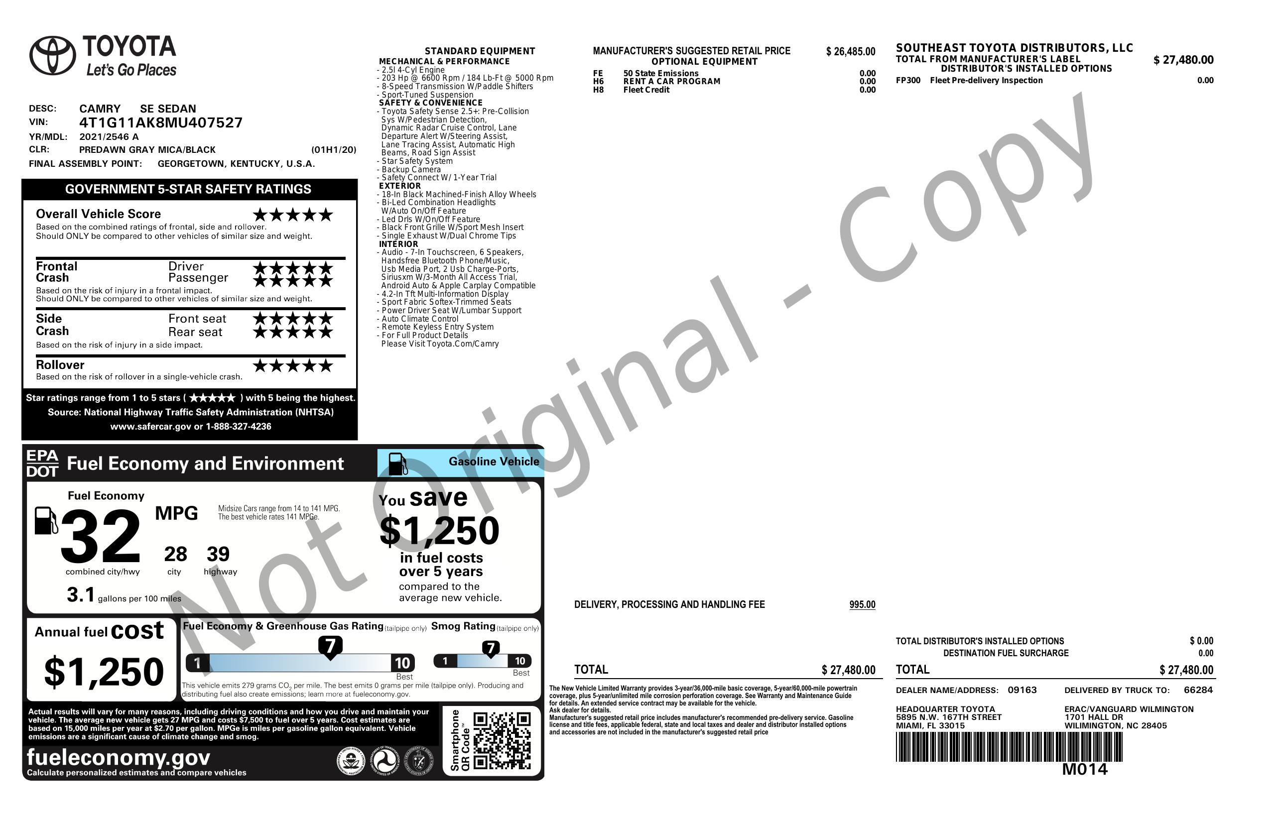 Window Sticker for 2021 Toyota Camry Se