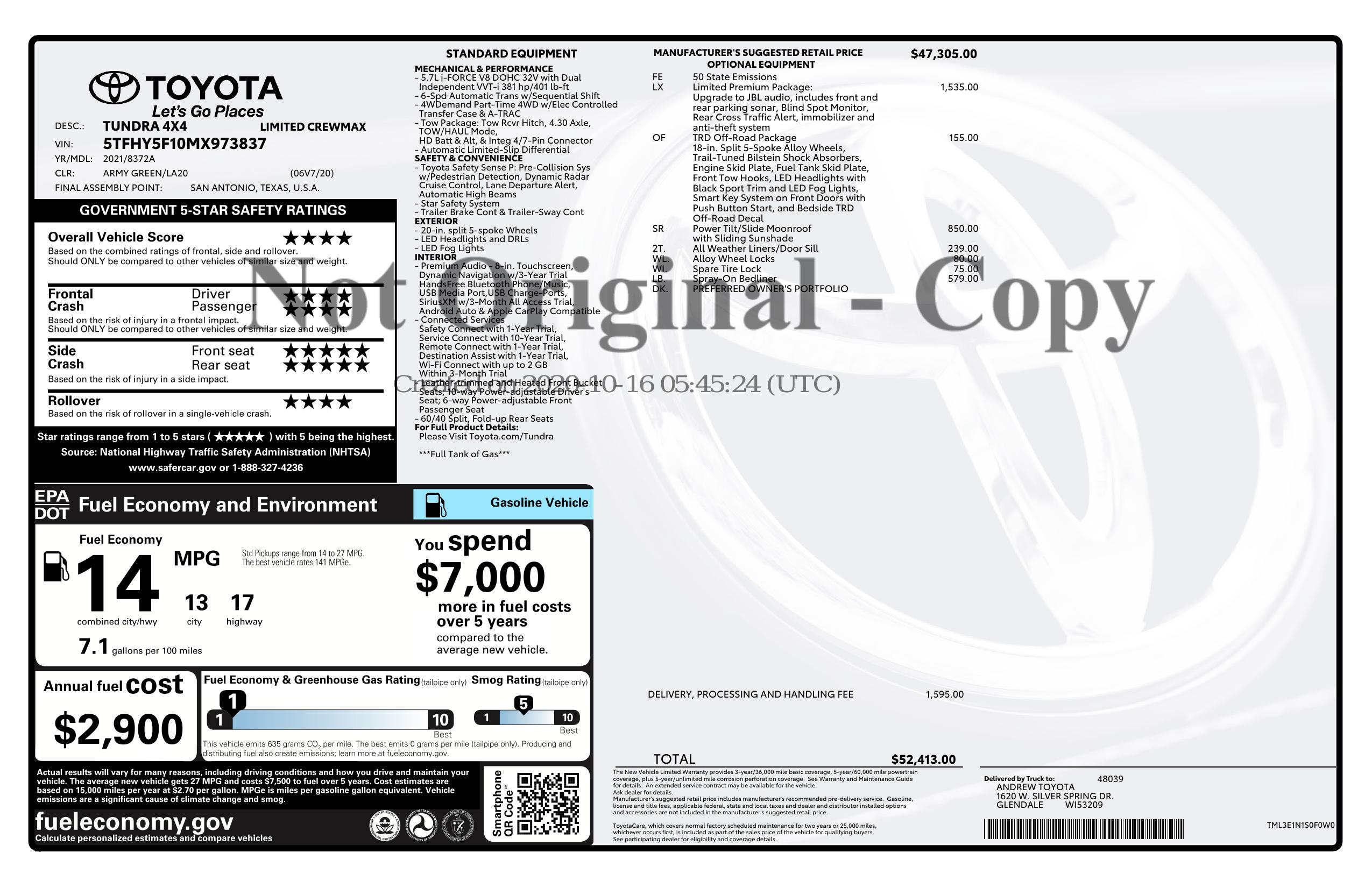 Window Sticker for 2021 Toyota Tundra 4 Wd Limited