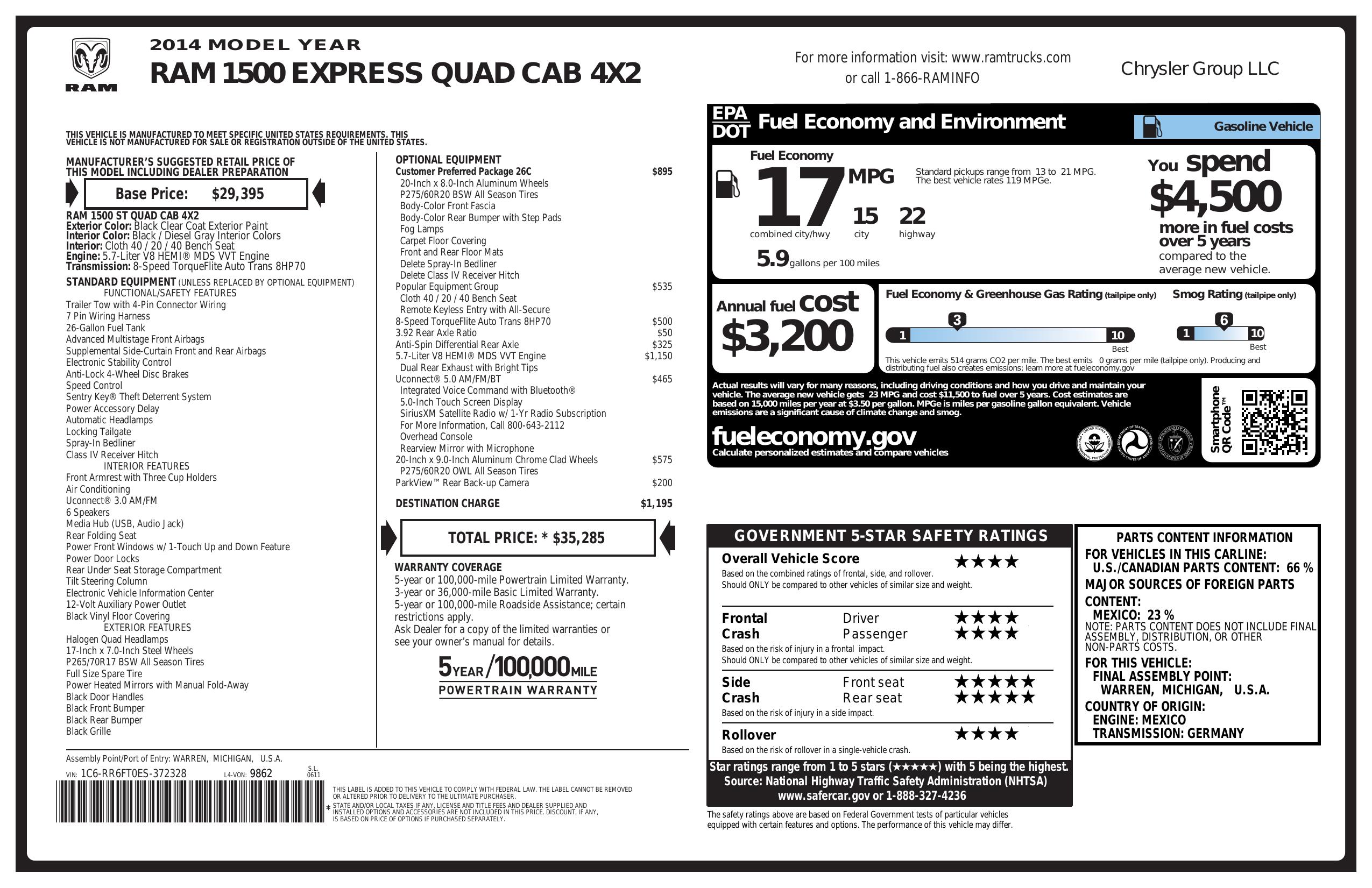 Window Sticker for 2014 Ram 1500 2 Wd Quad Cab 140.5" Express