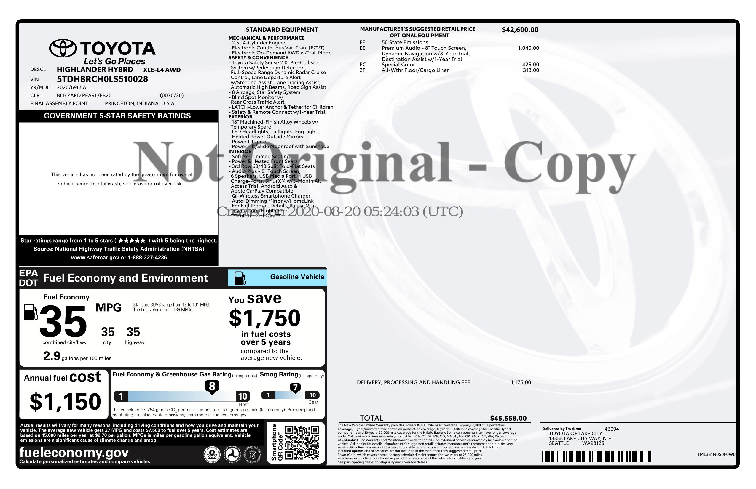 Window Sticker for 2020 Toyota Highlander Hybrid Xle Awd (Natl)