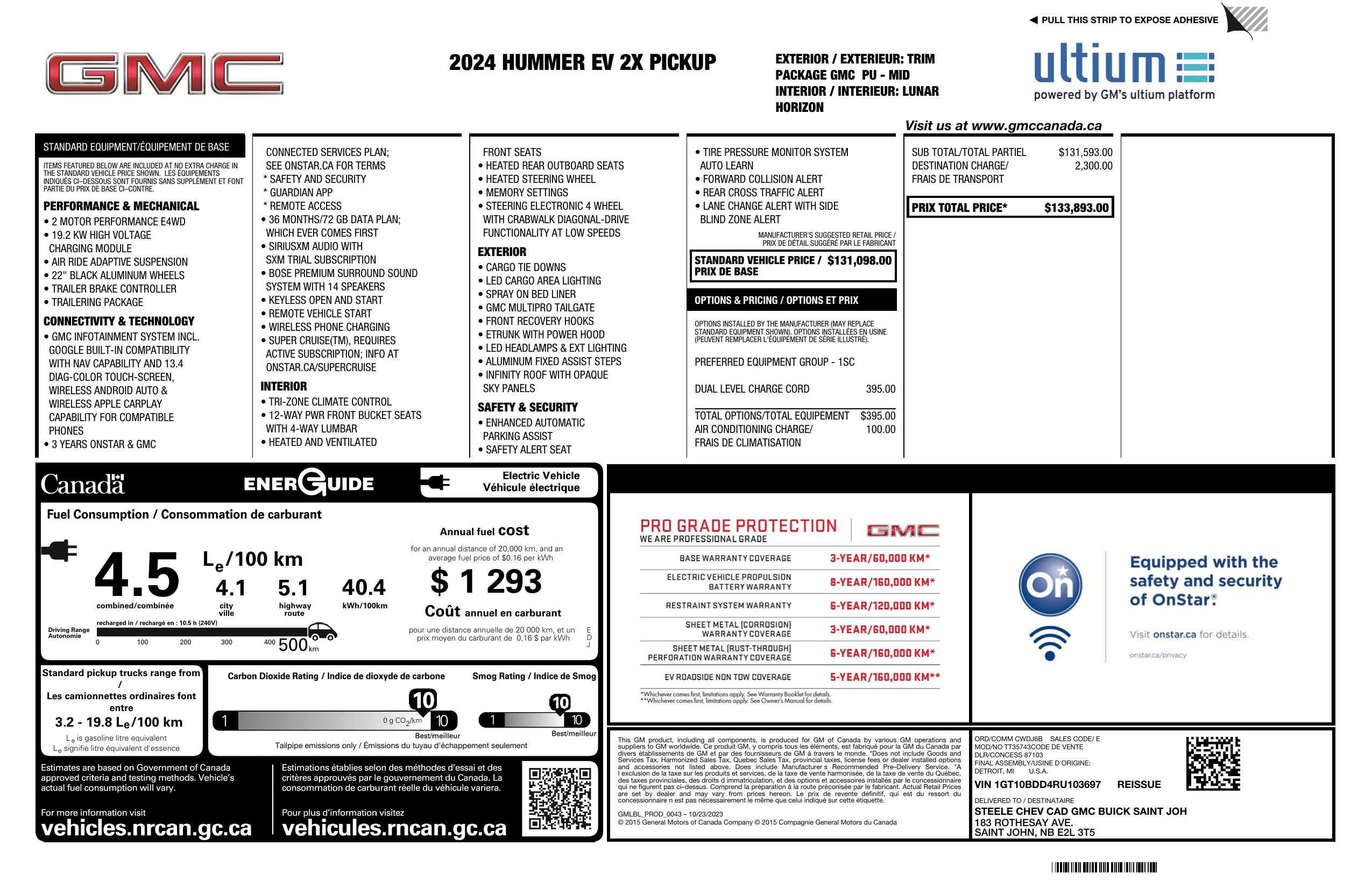 Window Sticker for 2024 GMC Hummer Ev Pickup E4 Wd Crew Cab 2 X