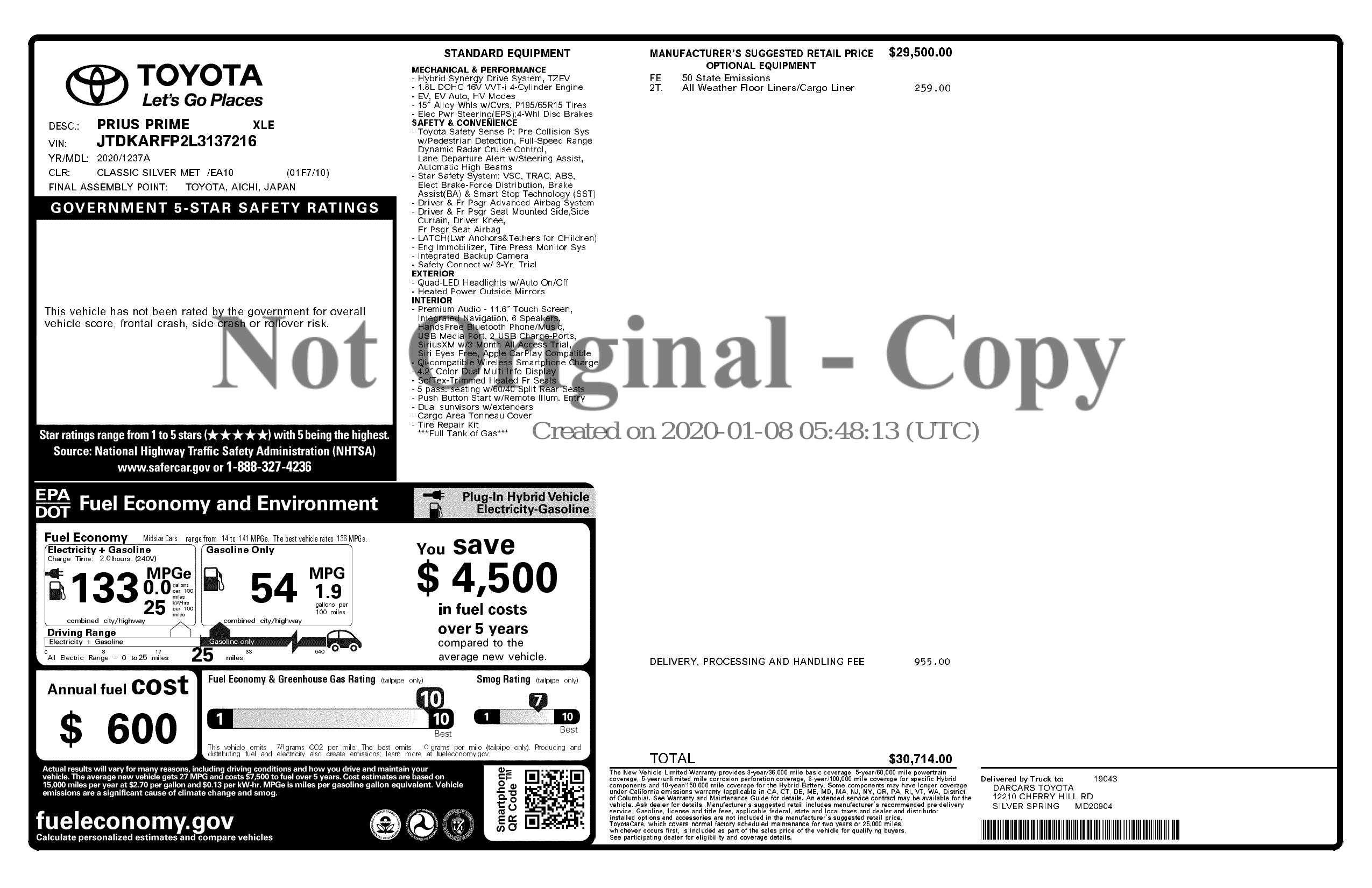 Window Sticker for 2020 Toyota Prius Prime (Natl)