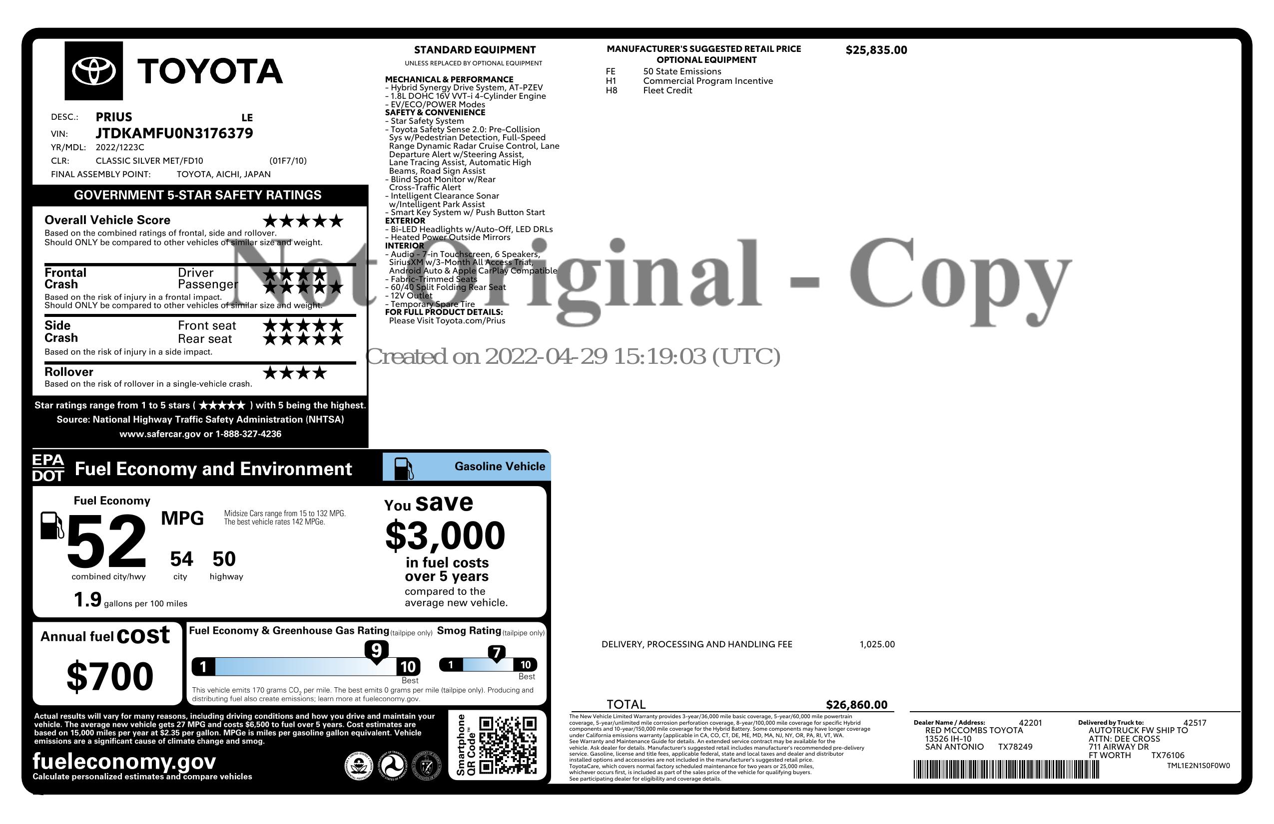 Window Sticker for 2022 Toyota Prius (Natl)