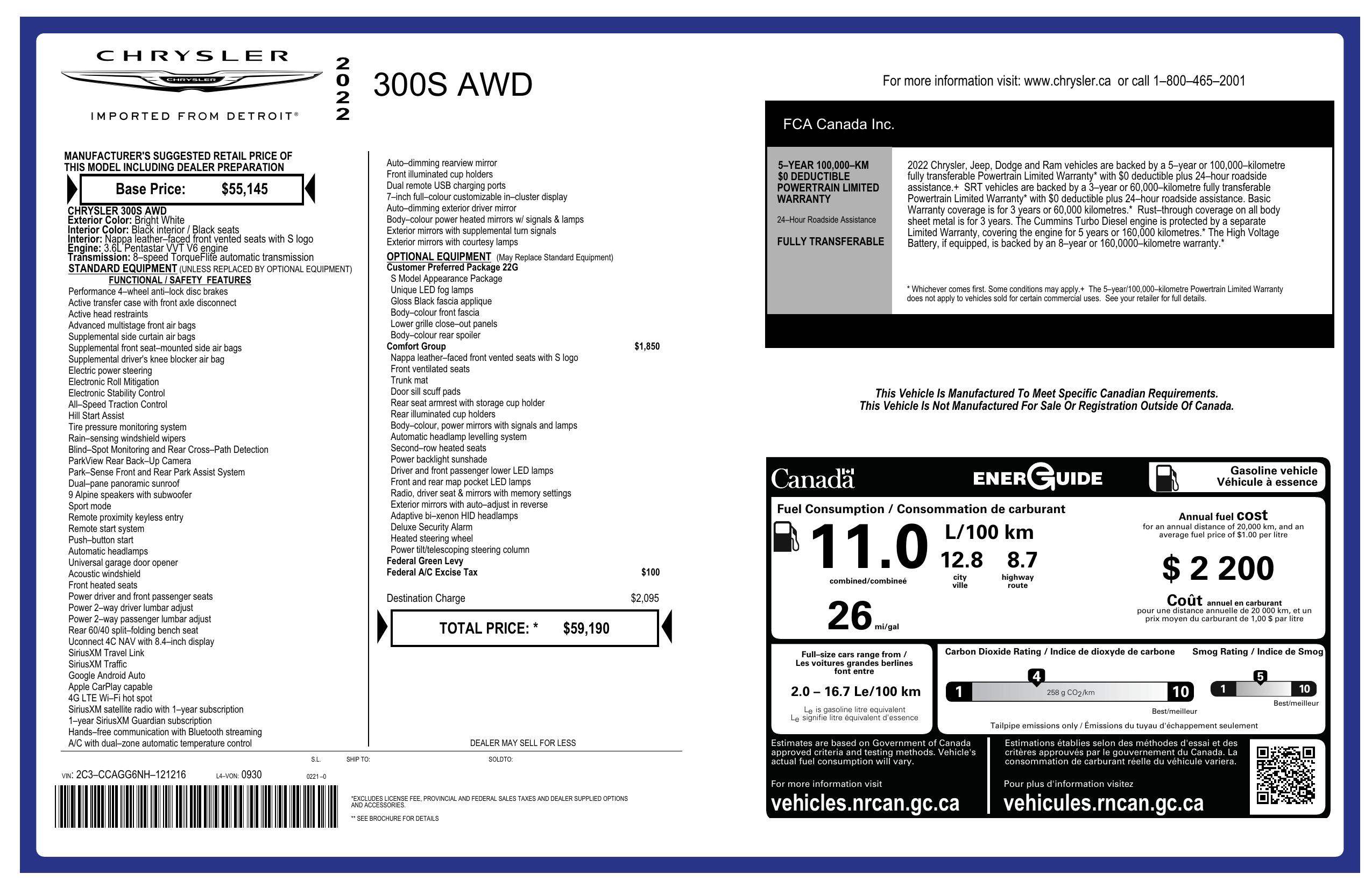 Window Sticker for 2022 Chrysler 300 300 S Awd