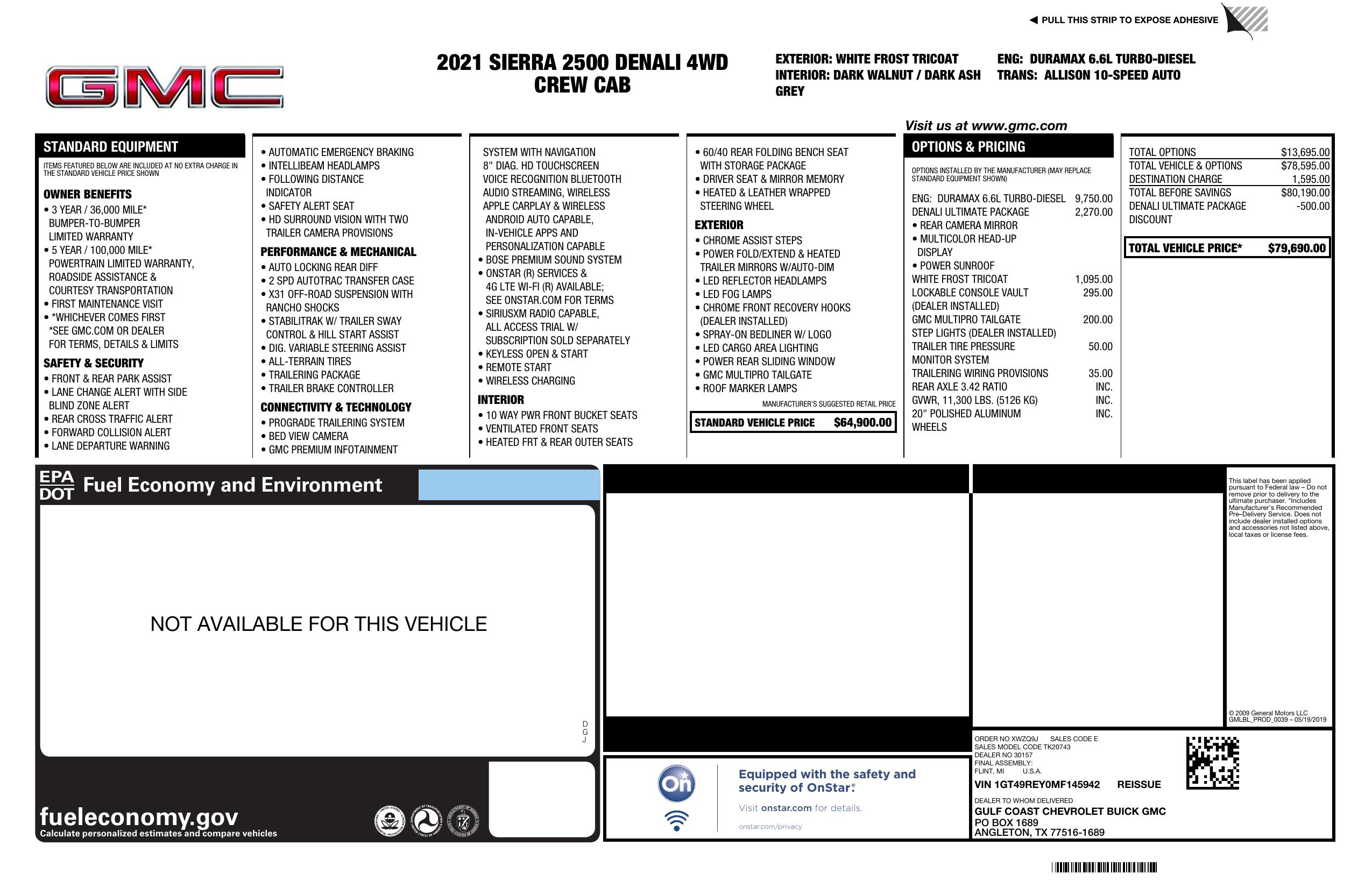 Window Sticker for 2021 GMC Sierra 2500 Hd 4 Wd Crew Cab 159" Denali