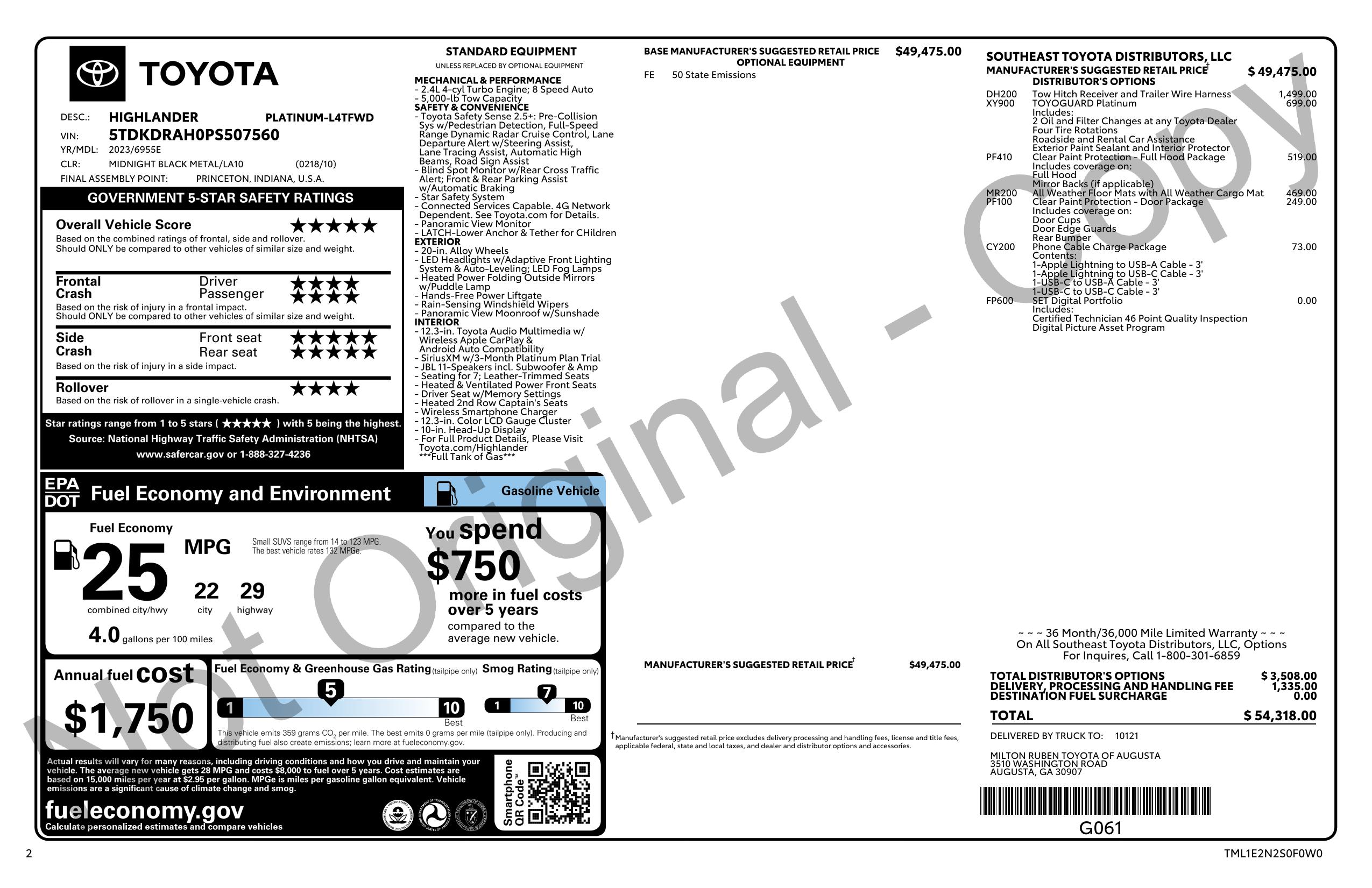Window Sticker for 2023 Toyota Highlander Fwd (Natl)