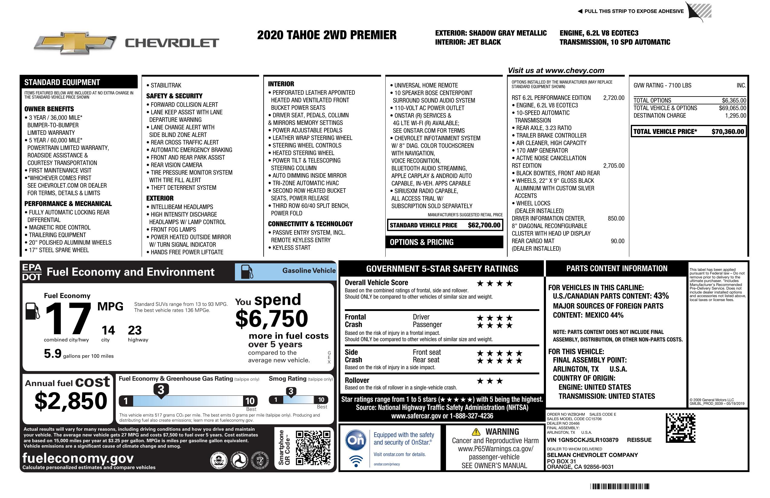 Window Sticker for 2020 Chevrolet Tahoe 2 Wd 4dr Premier