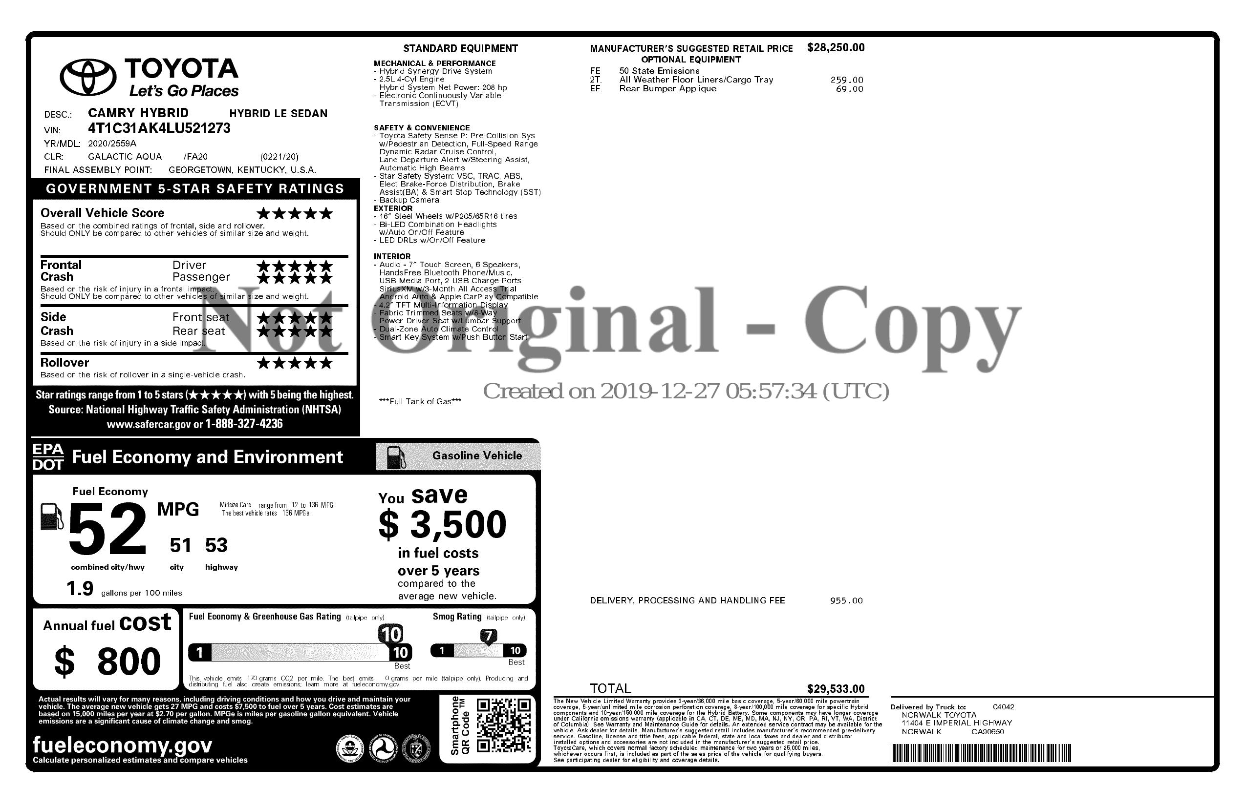 Window Sticker for 2020 Toyota Camry Hybrid Le Cvt (Natl)