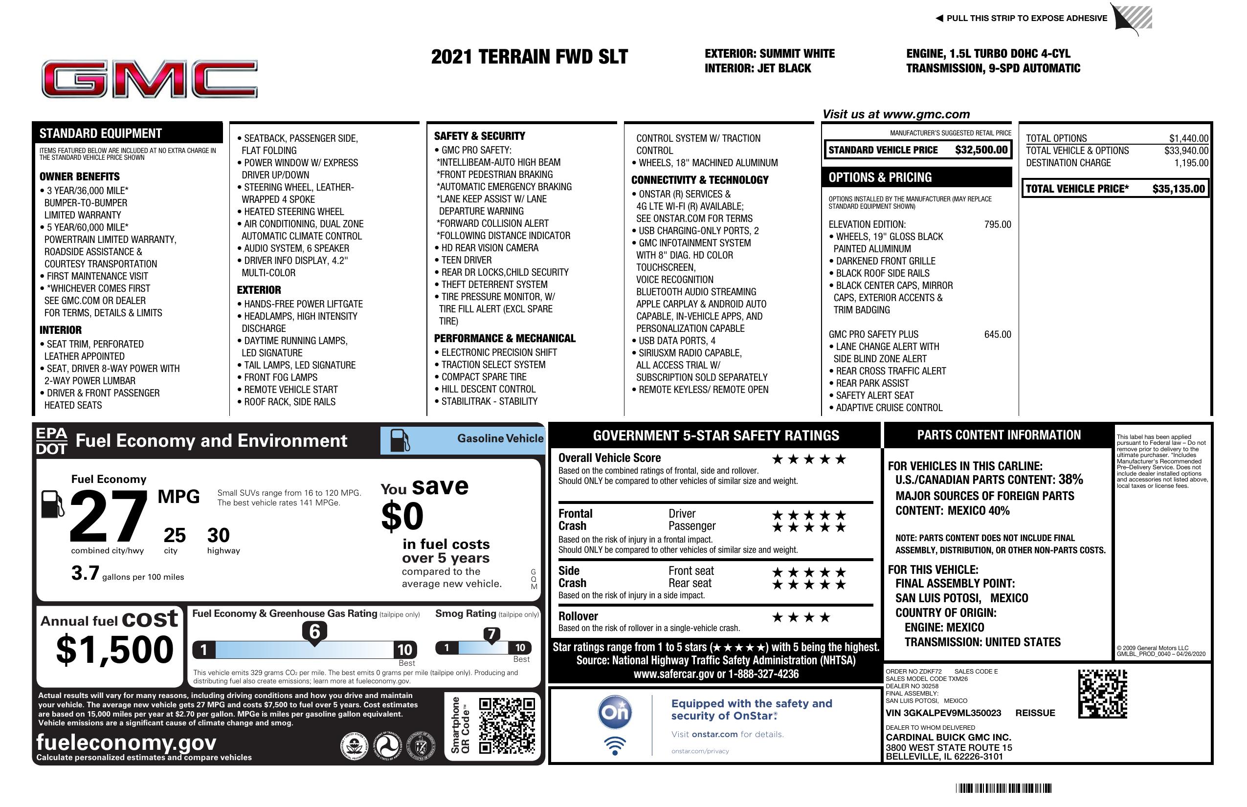 Window Sticker for 2021 GMC Terrain Fwd 4dr Slt