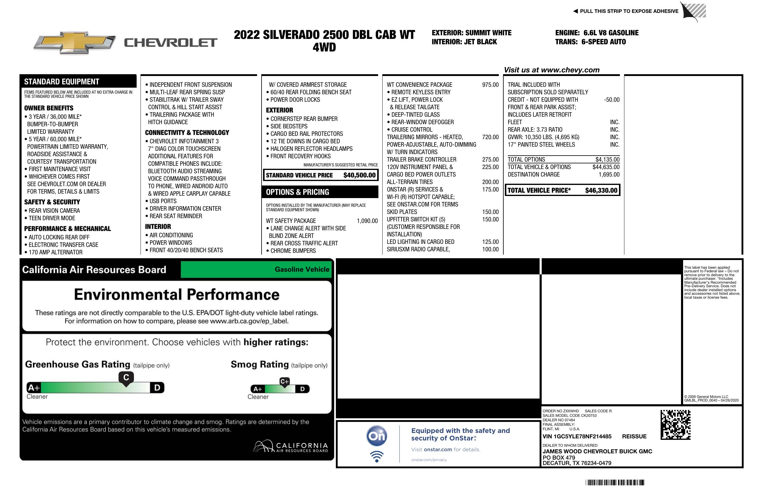 Window Sticker for 2022 Chevrolet Silverado 2500 Hd 4 Wd Double Cab 149 ...