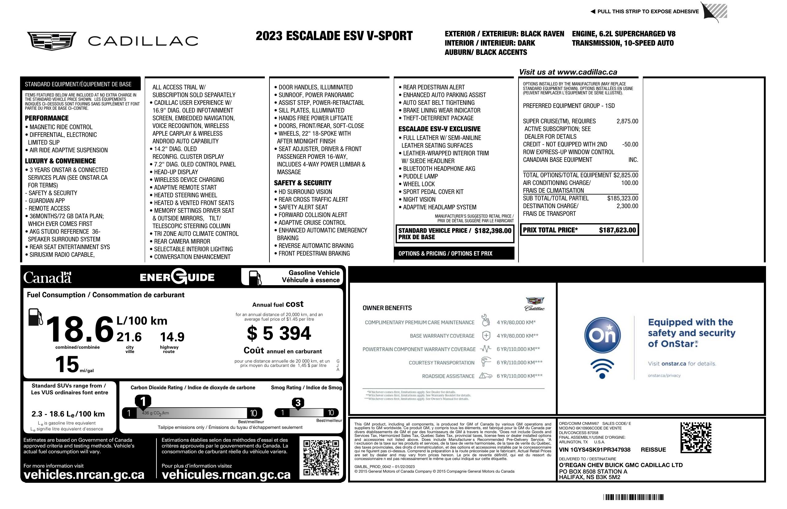 Window Sticker for 2023 Cadillac Escalade Esv Awd 4dr V Series