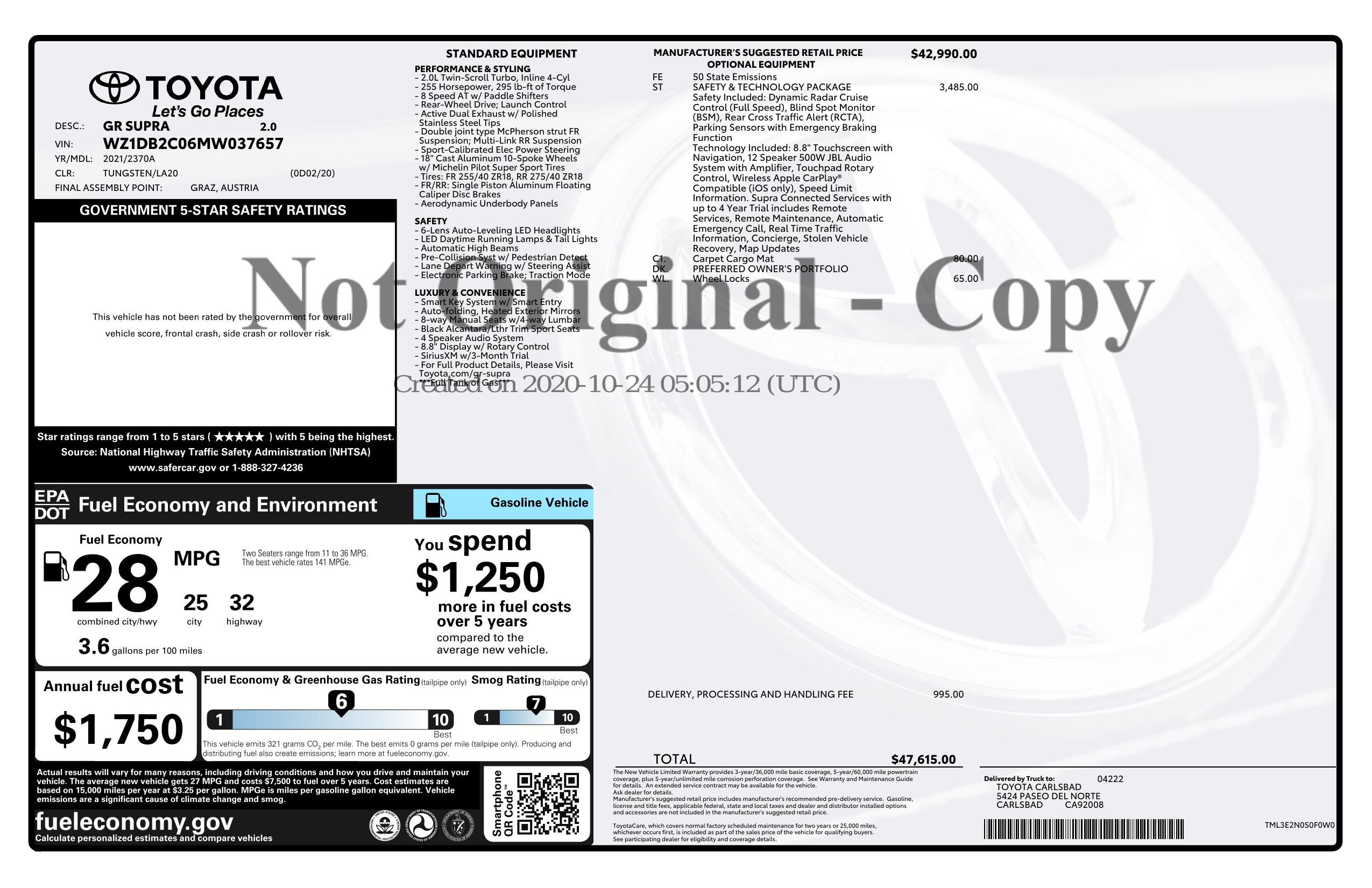 Window Sticker for 2021 Toyota Gr Supra 2.0 Auto (Natl)